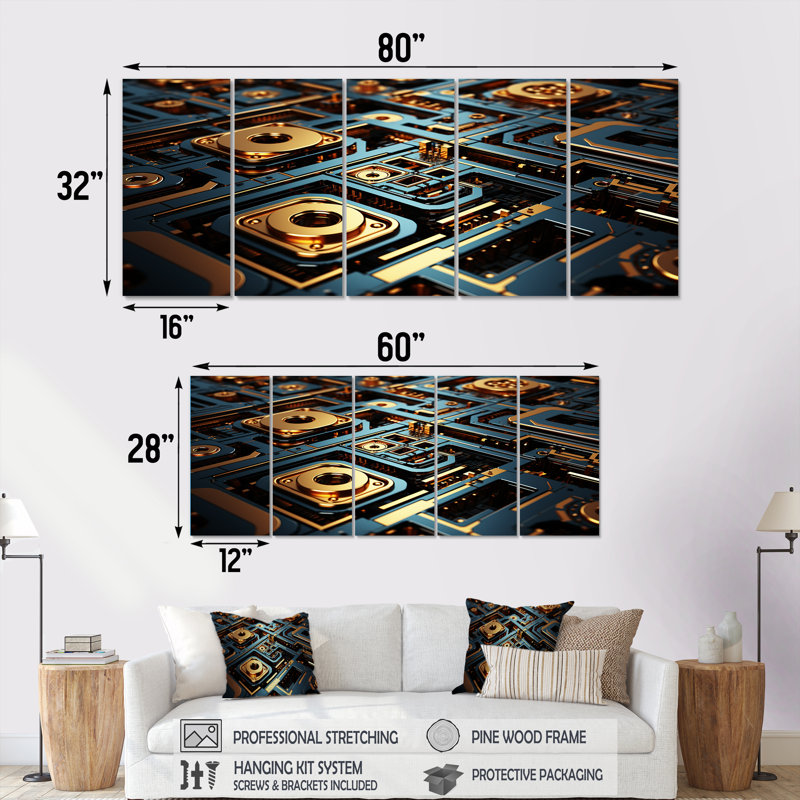 Ivy Bronx Blue Gold Mainframe Mechanics - Abstract Wall Art 5 Piece ...
