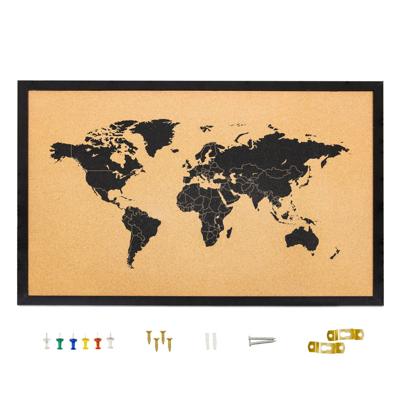 17 Stories Printed Cork Board World Map with MDF Frame and Pushpins ...