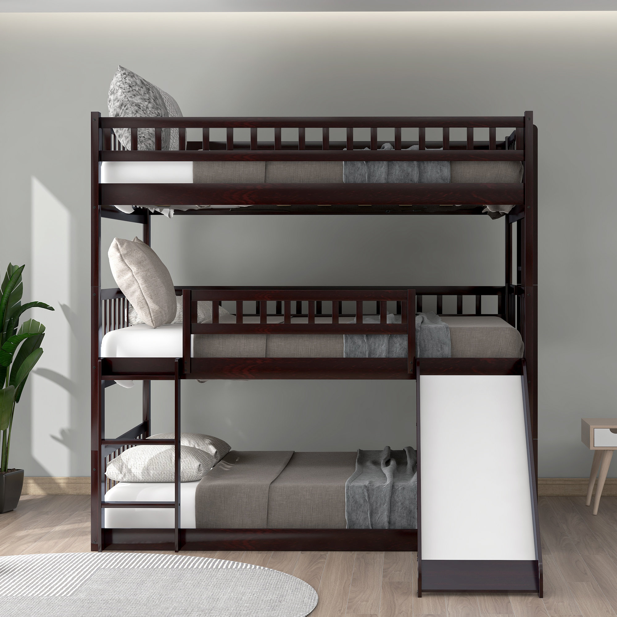 GZMWON Triple Bed With Built-@In Ladder AND Slide Triple Bunk Bed With ...