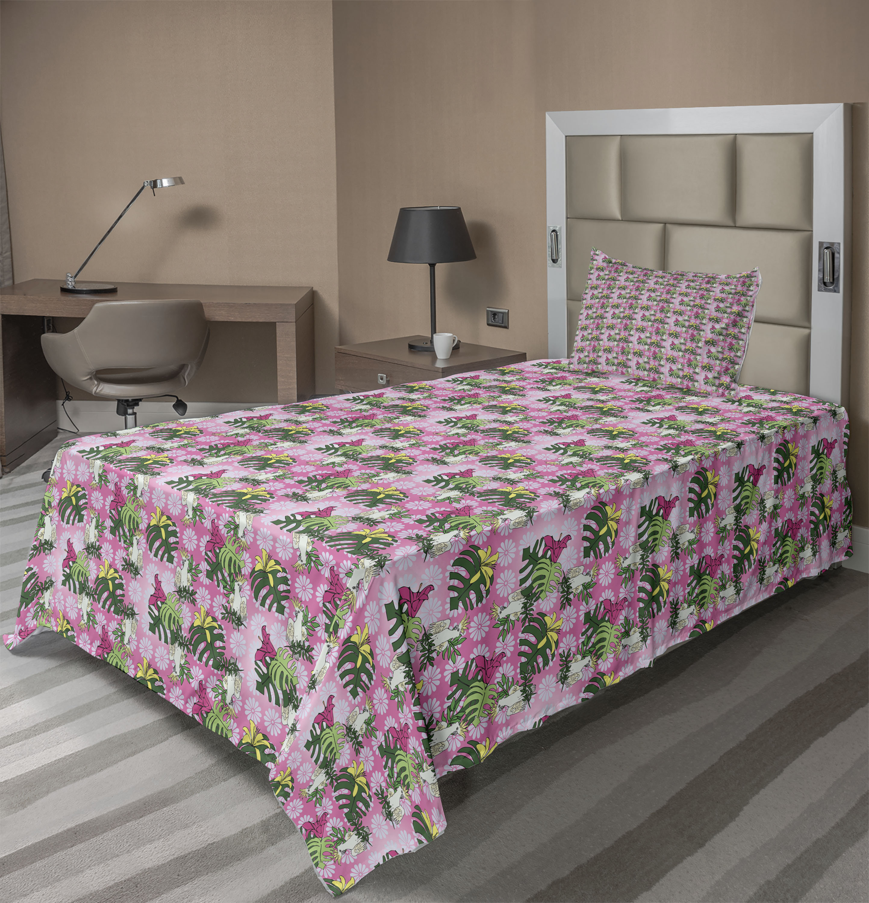 Ambesonne Tropical Sheet Set Parrots Monsteras Hibiscus Pastel Pink and ...