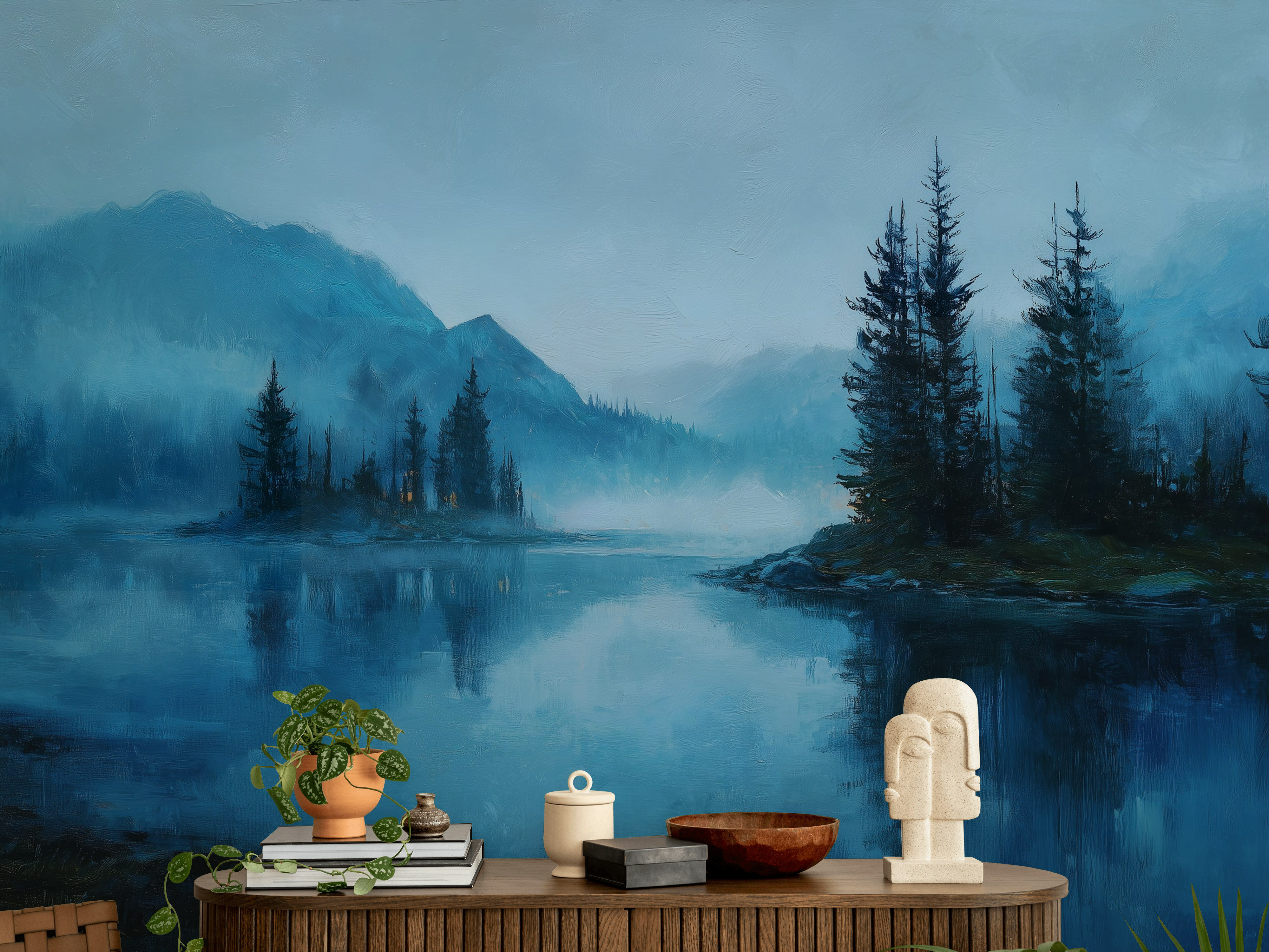 Lark Manor™ Misty Lake Wallpaper Pine Trees Serene Wall Decor | Wayfair