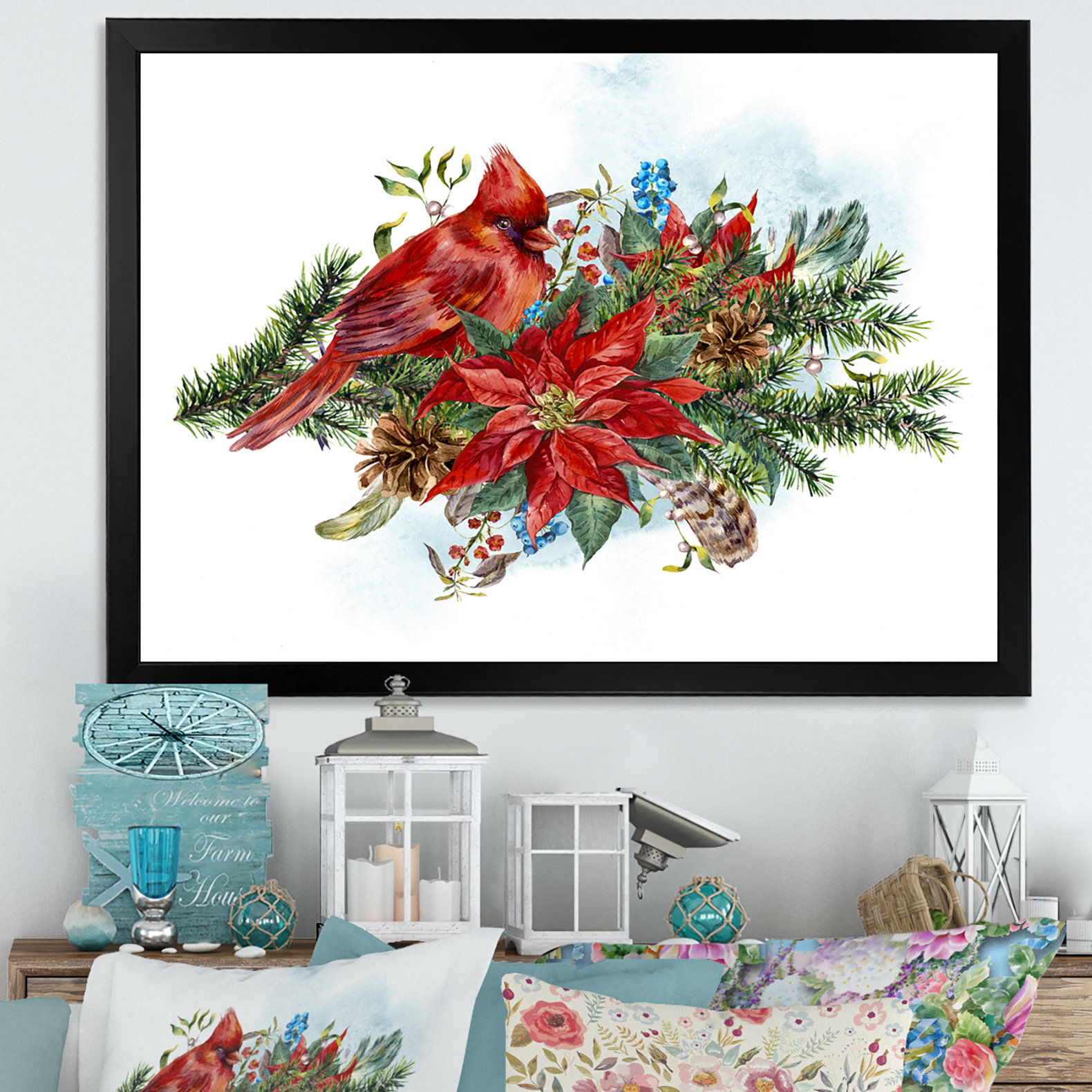 East Urban Home Christmas Poinsettia and Red Cardinal Bird - Picture ...