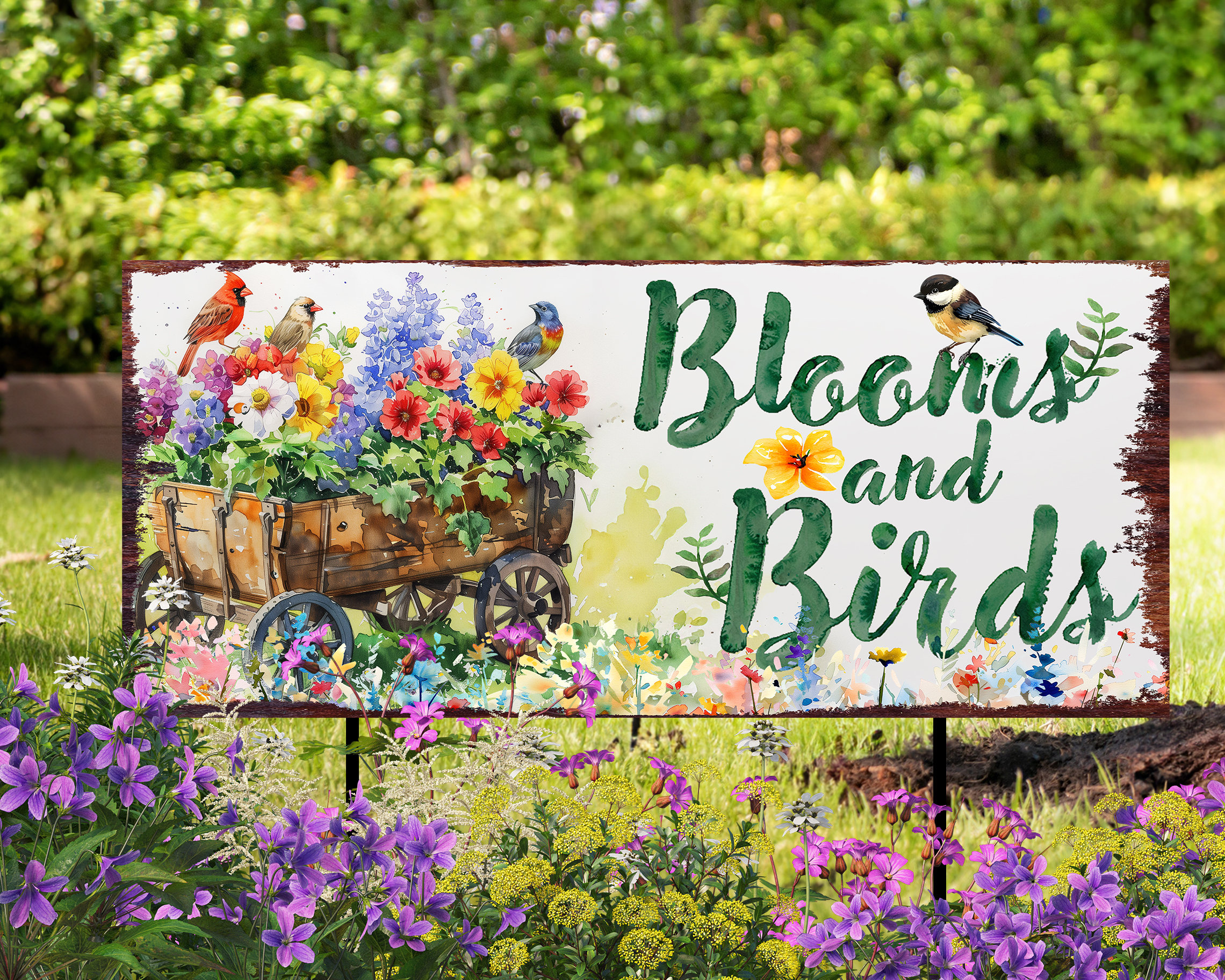 August Grove® 32in Spring Garden Stake | Watercolor Blooms and Birds ...