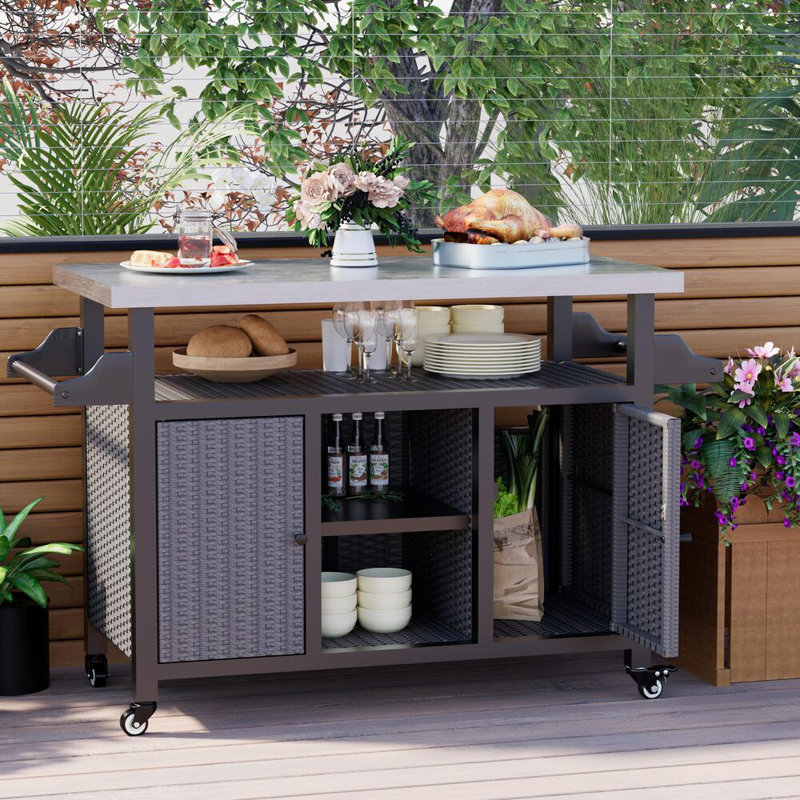 Arlmont & Co. Outdoor Wicker Bar Cart With Rattan Storage Cabinet For ...