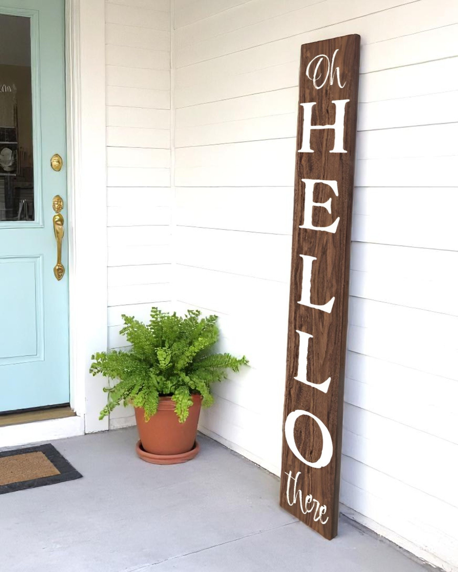 HomeRoots 72" Brown And White Solid Wood Hello Porch Sign | Wayfair