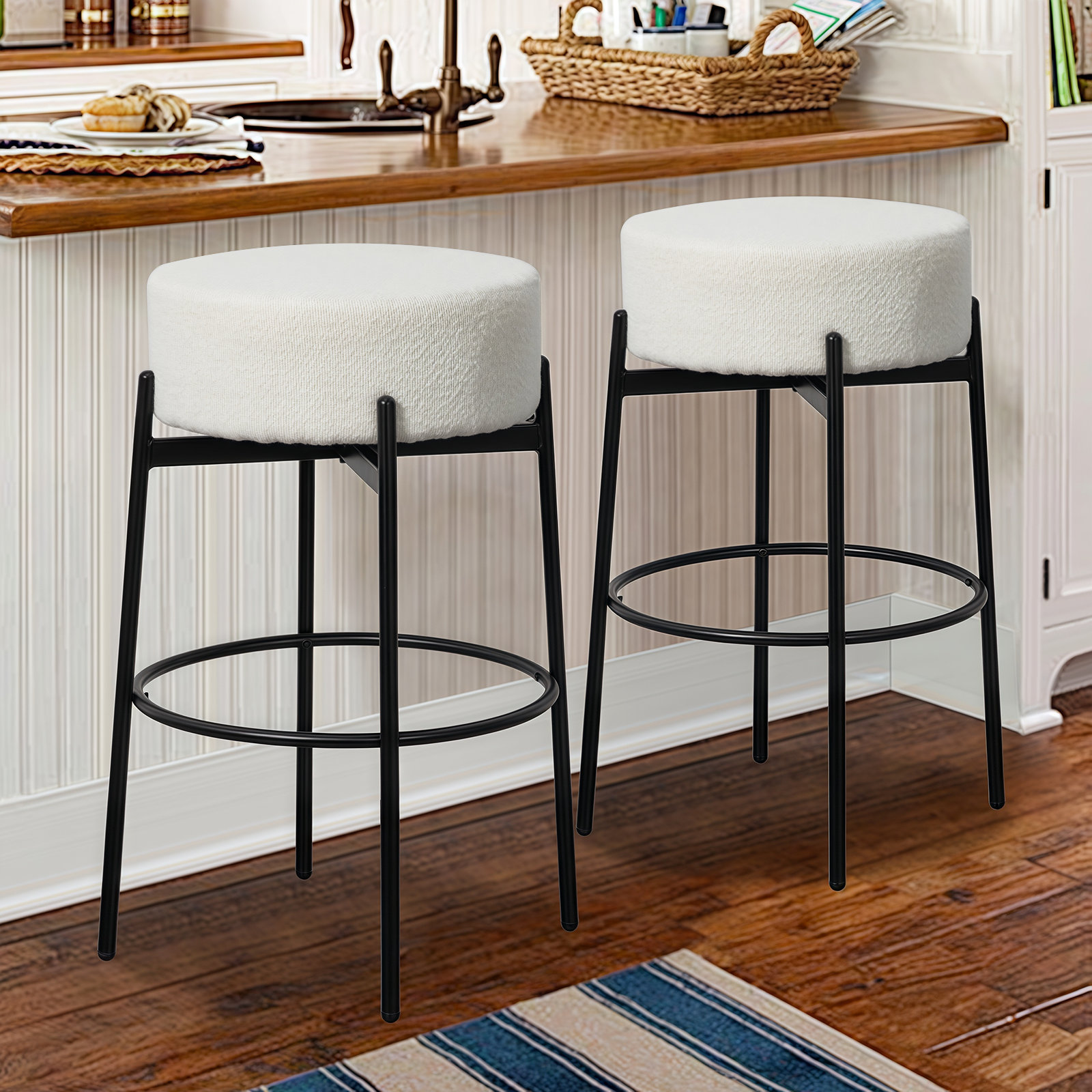 Ebern Designs Modern Bar Stools Set of 2 with Round Soft Padded Boucle ...