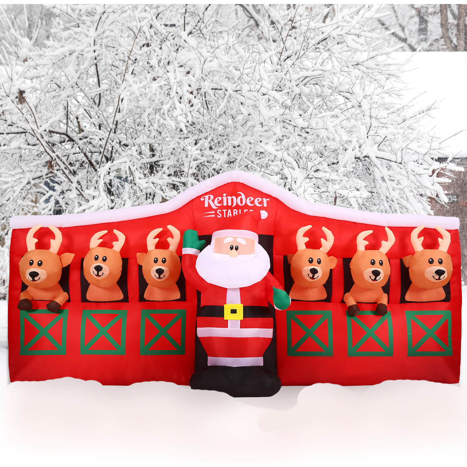 Fraser Hill Farm 4-Ft. Tall Pre-Lit Inflatable Santa in Reindeer Stable ...