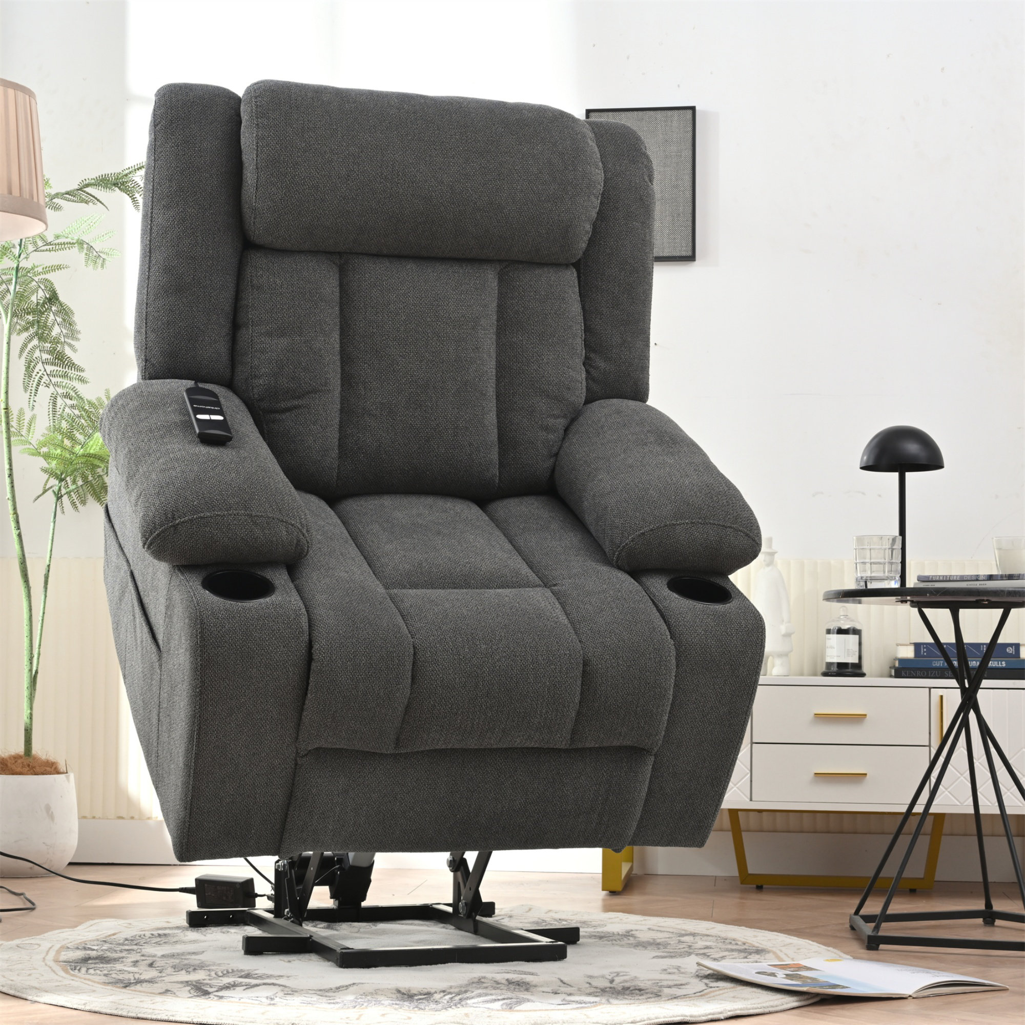 Everly Quinn Gonzalez Oversized Velvet Power Lift Recliner Chair With Remote, Cup Holders & Side ...