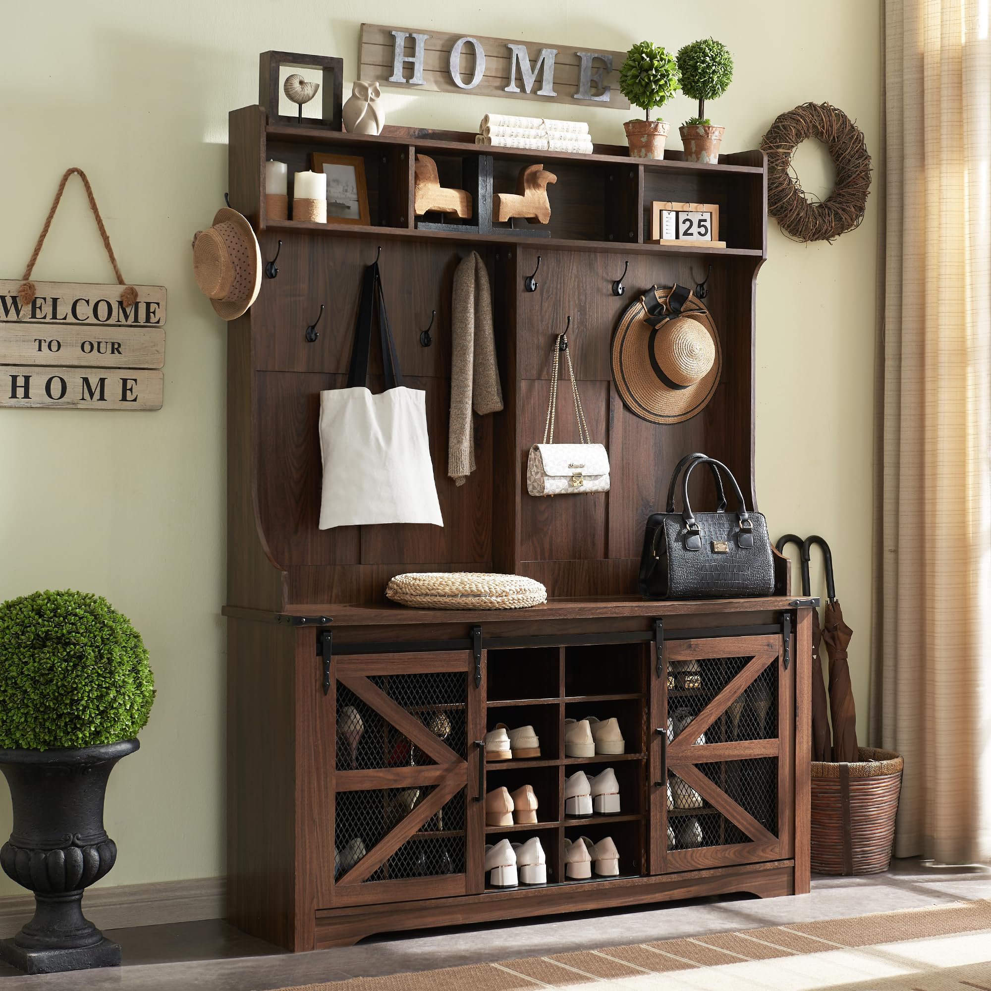 Gracie Oaks Krischan 59" Wide Farmhouse Hall Tree With Bench, Open ...