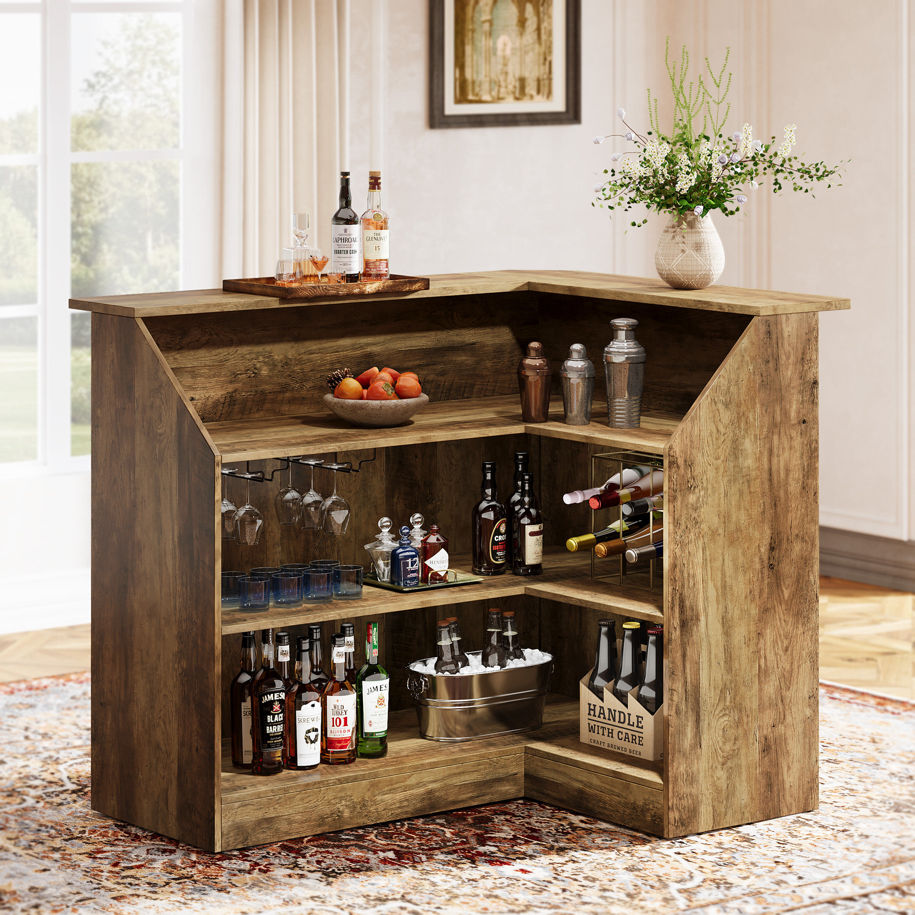 Ebern Designs L-Shaped Bar Cabinet, 4-Tier Home Bar Table with Stemware ...
