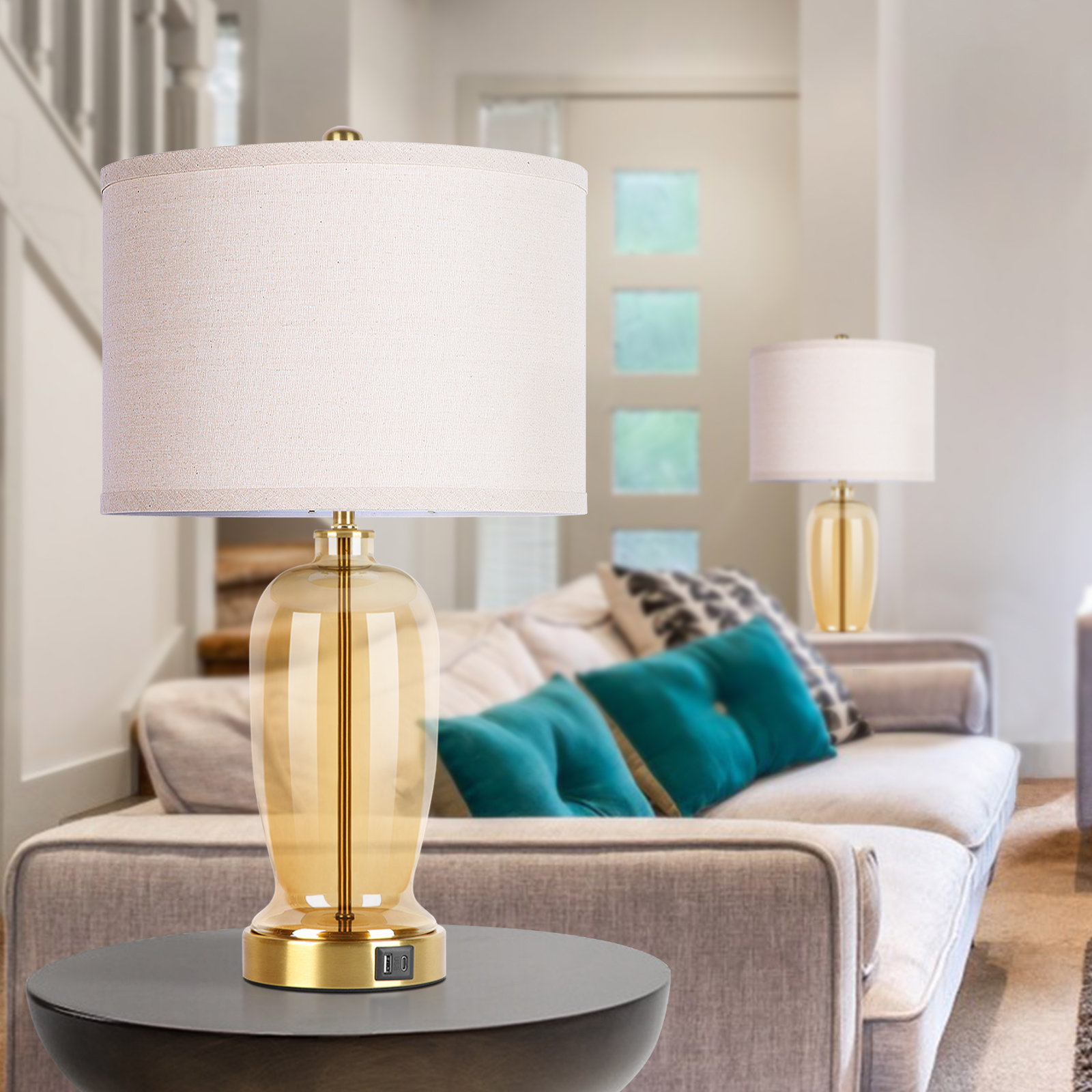 Mercer41 Quantasia Table Lamp Glass Dimmable Table Lamps with USB A+C ...