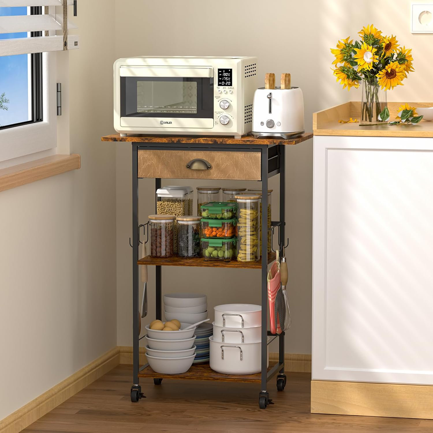 17 Stories Kitchen Microwave Cart With Storage,3 Tier Rolling Microwave ...