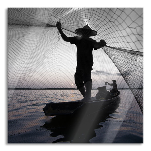Longshore Tides Fisherman Throwing His Net - No Frame Print on Glass ...