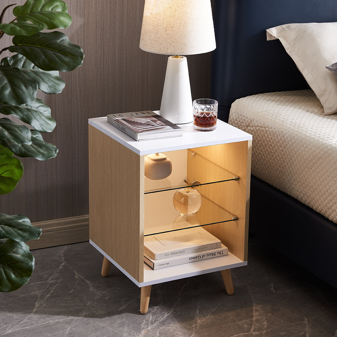 Corrigan Studio® Generic Led Bedside Table Set Of 2 Glass Side Bed ...