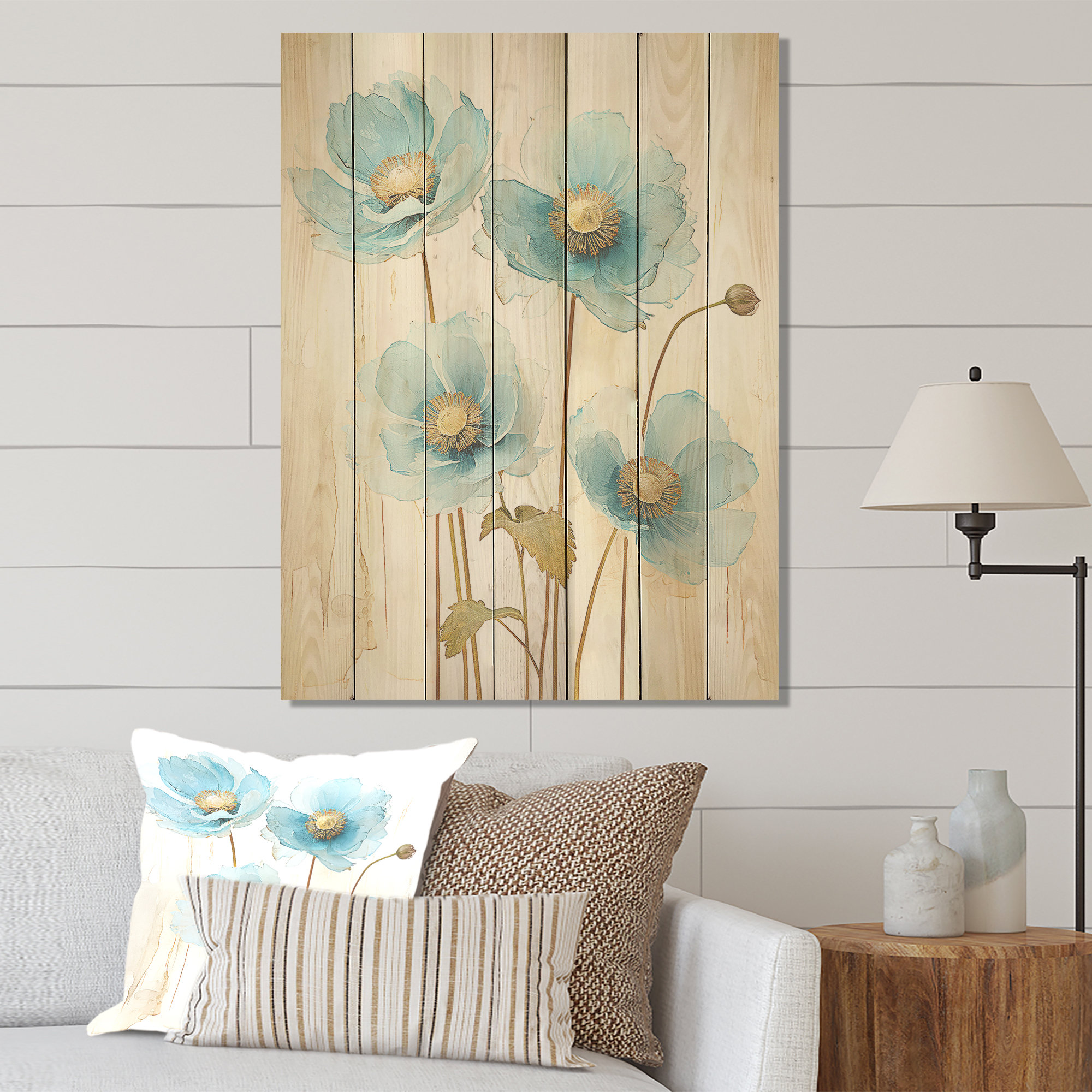 August Grove® Blue And Grey Poppy Meadow - Poppies On Wood Print | Wayfair