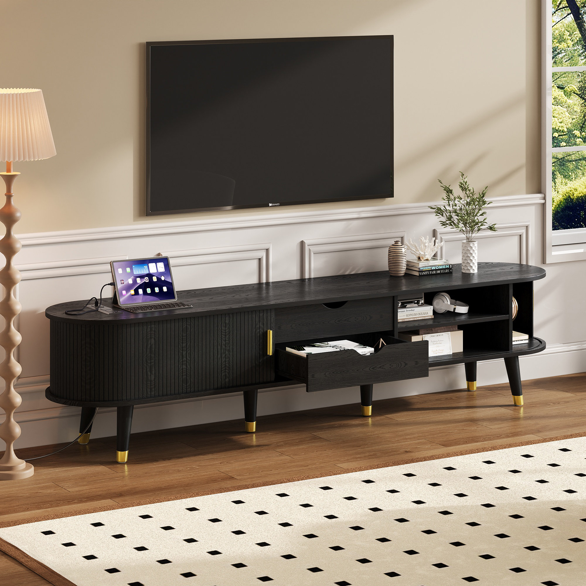 George Oliver Wooden Oval Fluted TV Stand With Charging Station For TV ...