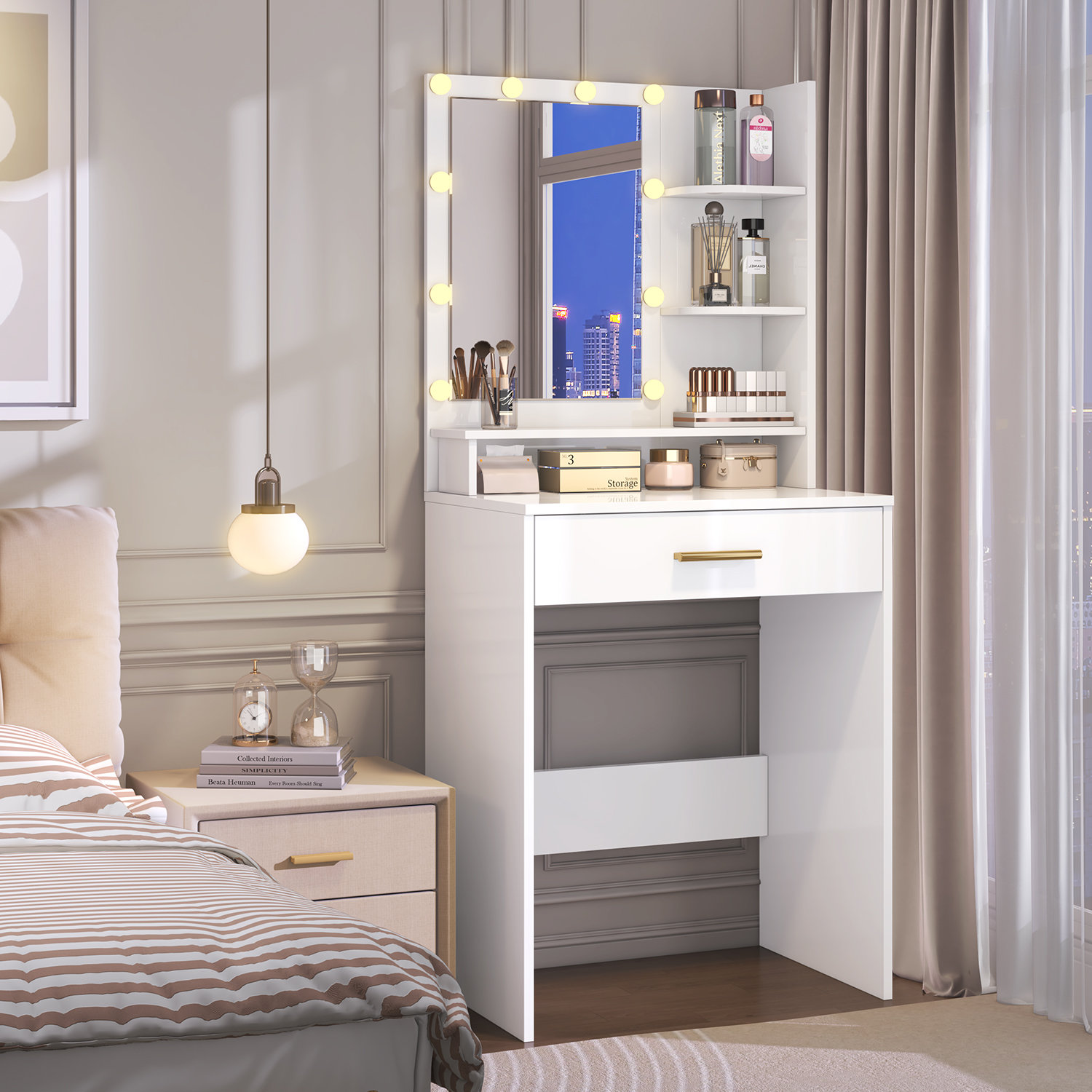 Ebern Designs Small Vanity Desk With Mirror And Lights, One Drawer ...