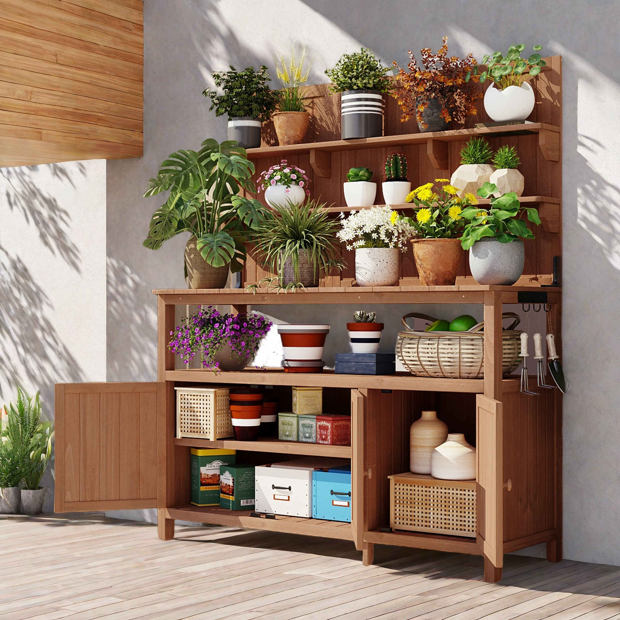 Gracie Oaks Potting Bench With Hutch, Garden Workstation, 2 Shelves, 2 ...