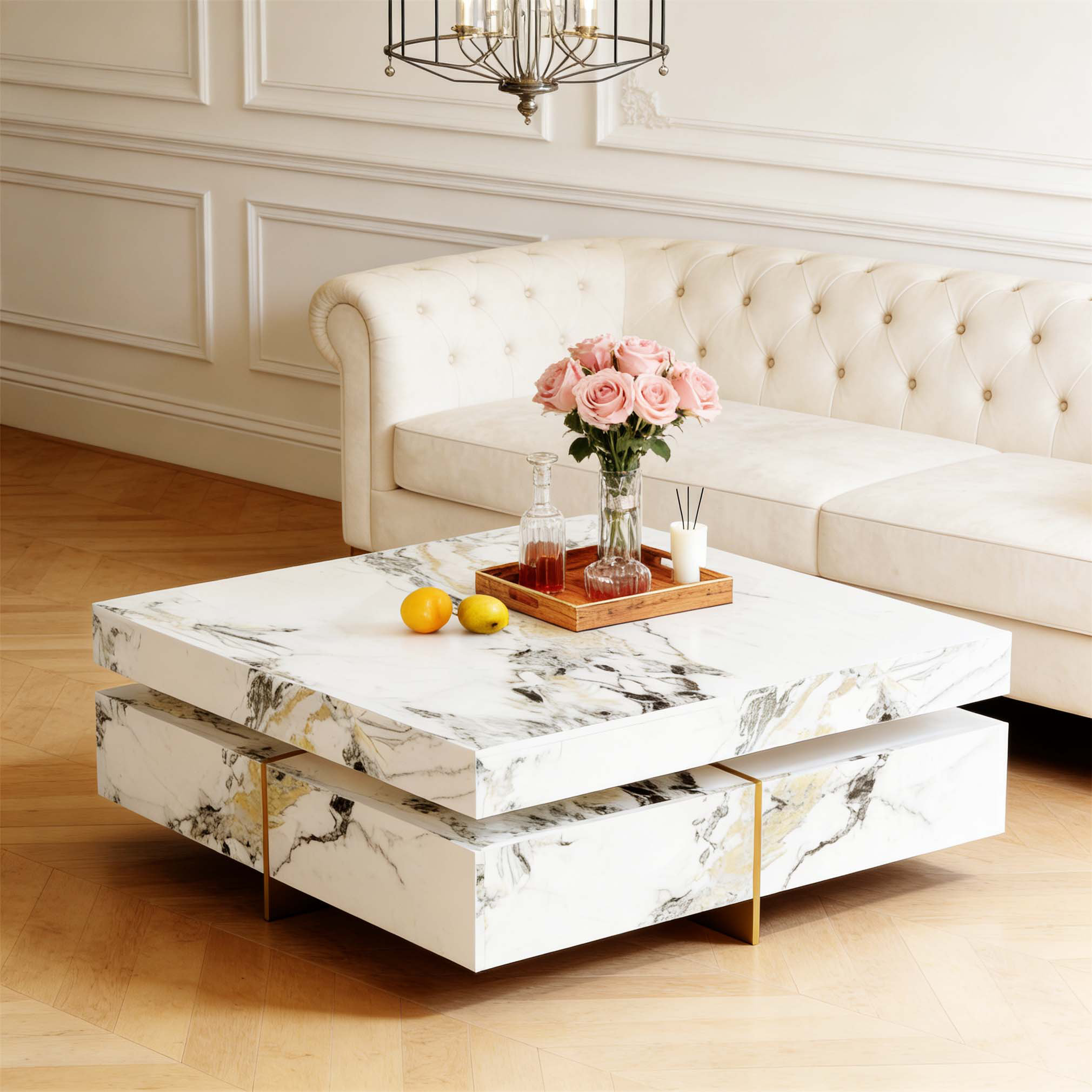 Everly Quinn Modern Square Marble Textured Coffee Table With 4 Drawers ...