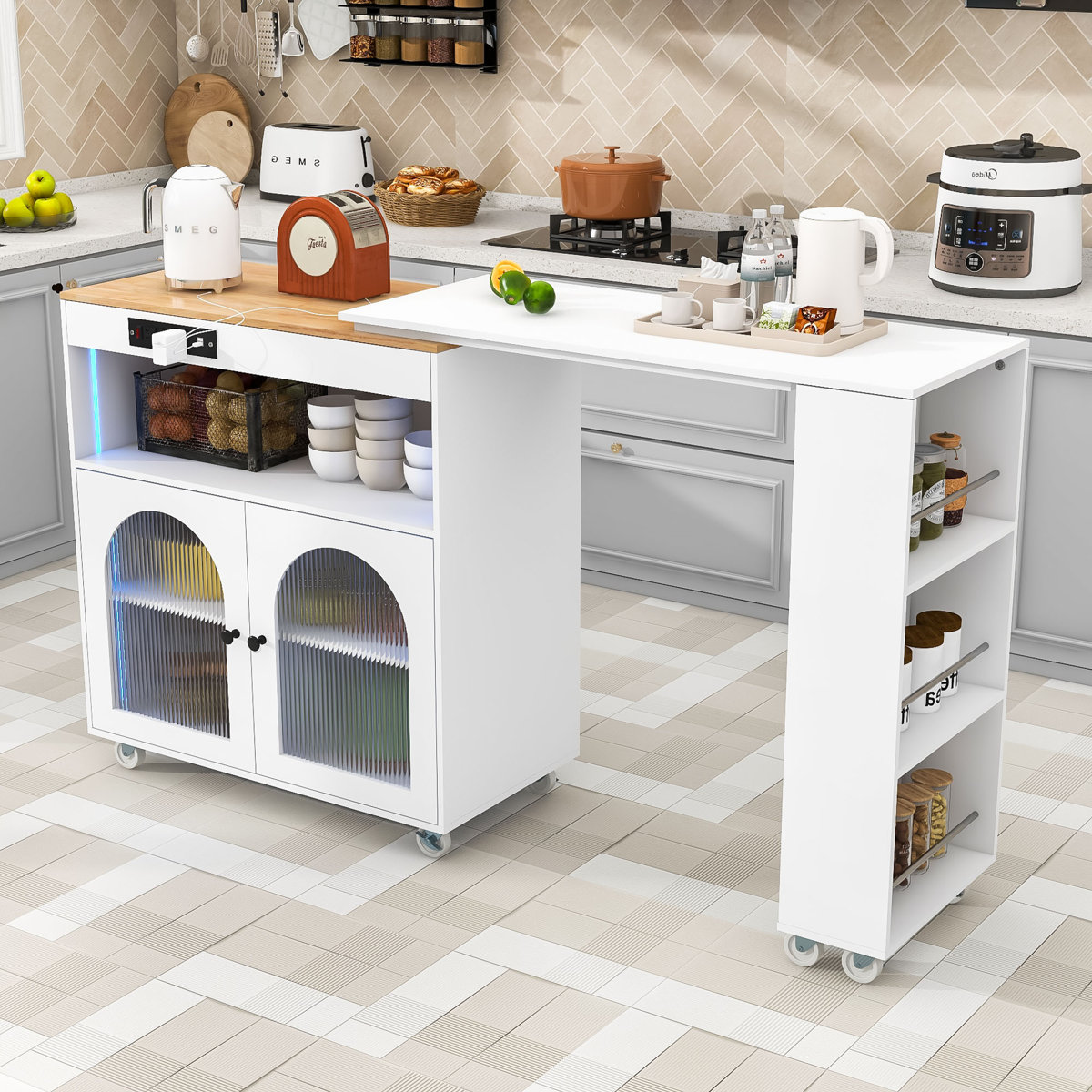 Ivy Bronx Expandable Mobile Kitchen Island with Fluted Glass Doors and ...