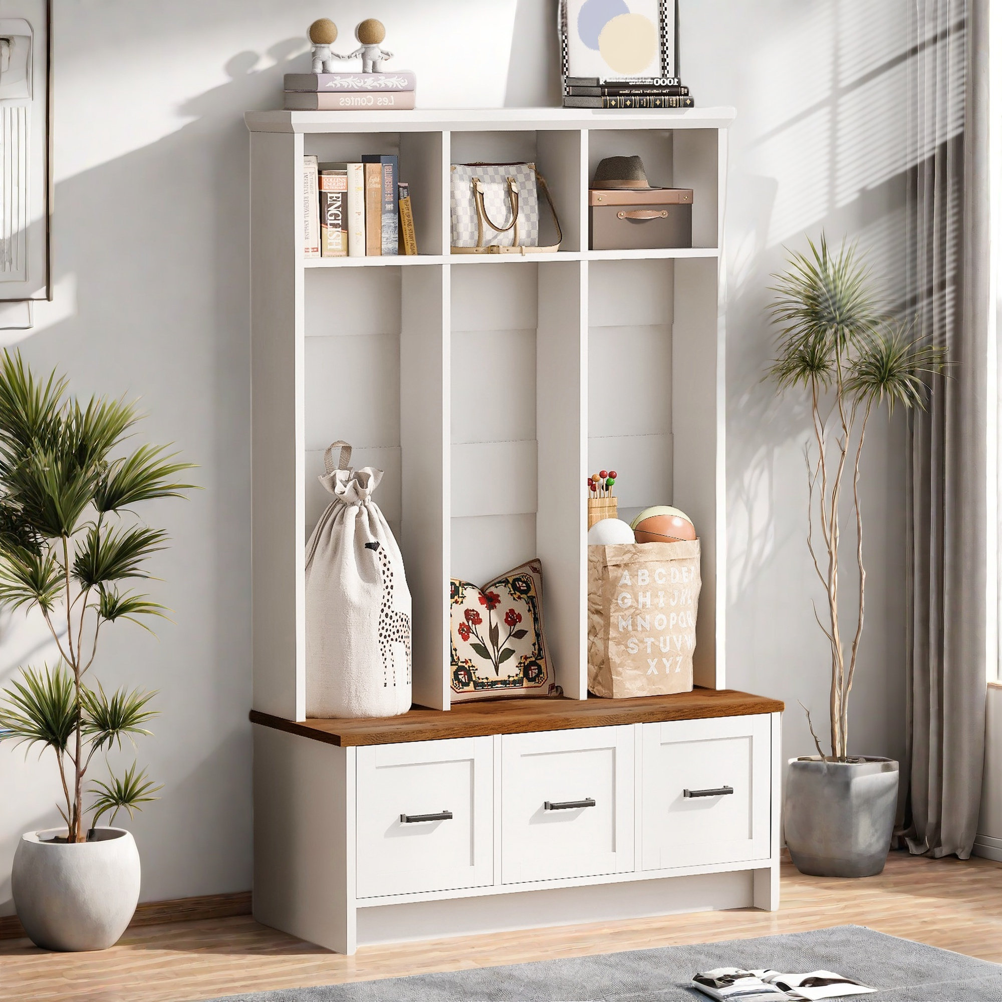 Lark Manor™ Modern Hall Tree With Entryway Bench, 3 Open Shelves And 3 ...