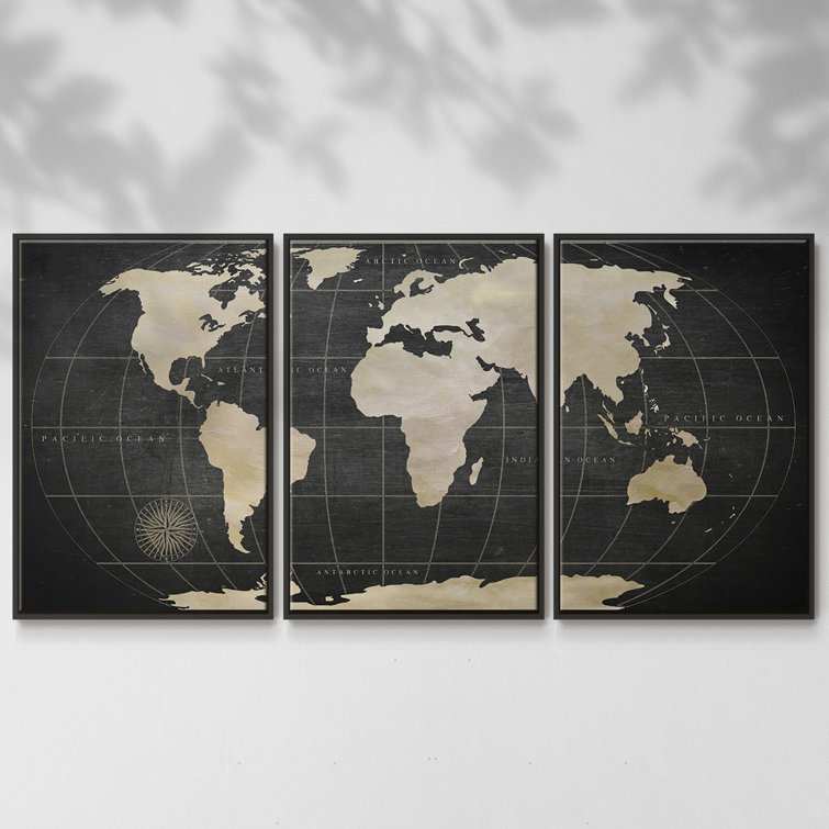 Breakwater Bay Vintage World Map Framed On Canvas 3 Pieces Painting ...