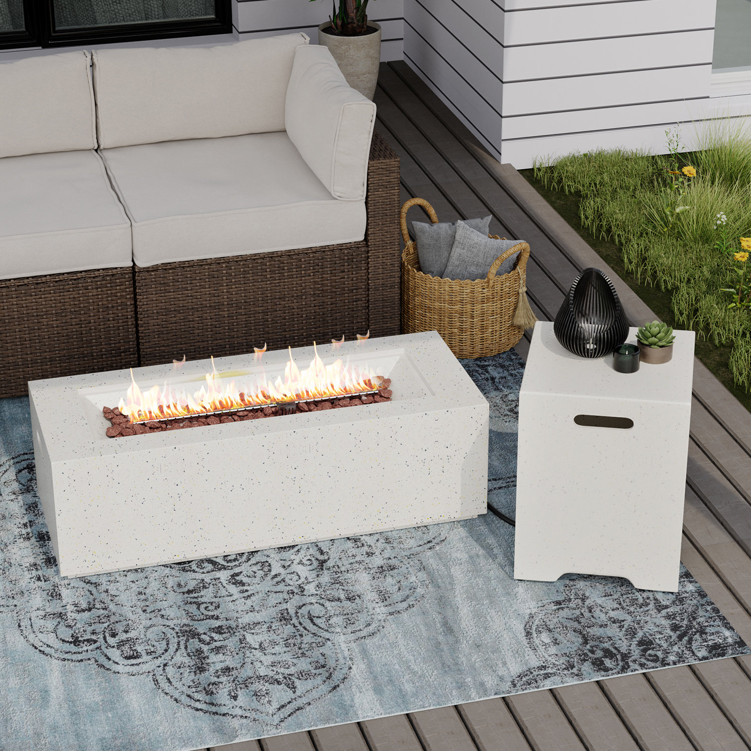 Orren Ellis Rectangle Concrete Propane Outdoor Fire Pit Table With Tank ...