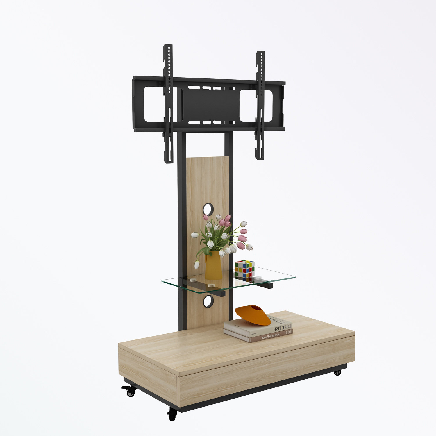 Ebern Designs TV stand with push-pull drawer and glass shelf - Wayfair ...