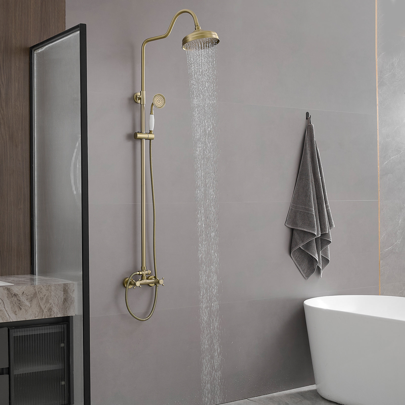 VIBRANTBATH 2-Spray Round Wall Bar Shower Kit With Hand Shower Dual ...