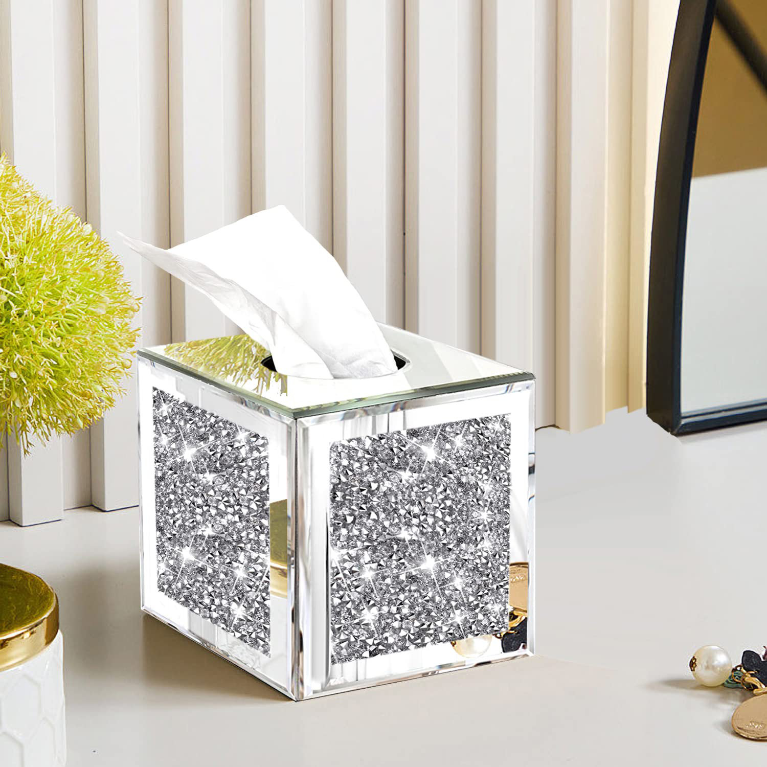 Everly Quinn Diamond Mirrored Tissue Box Cover, Luxury Silver Crushed ...