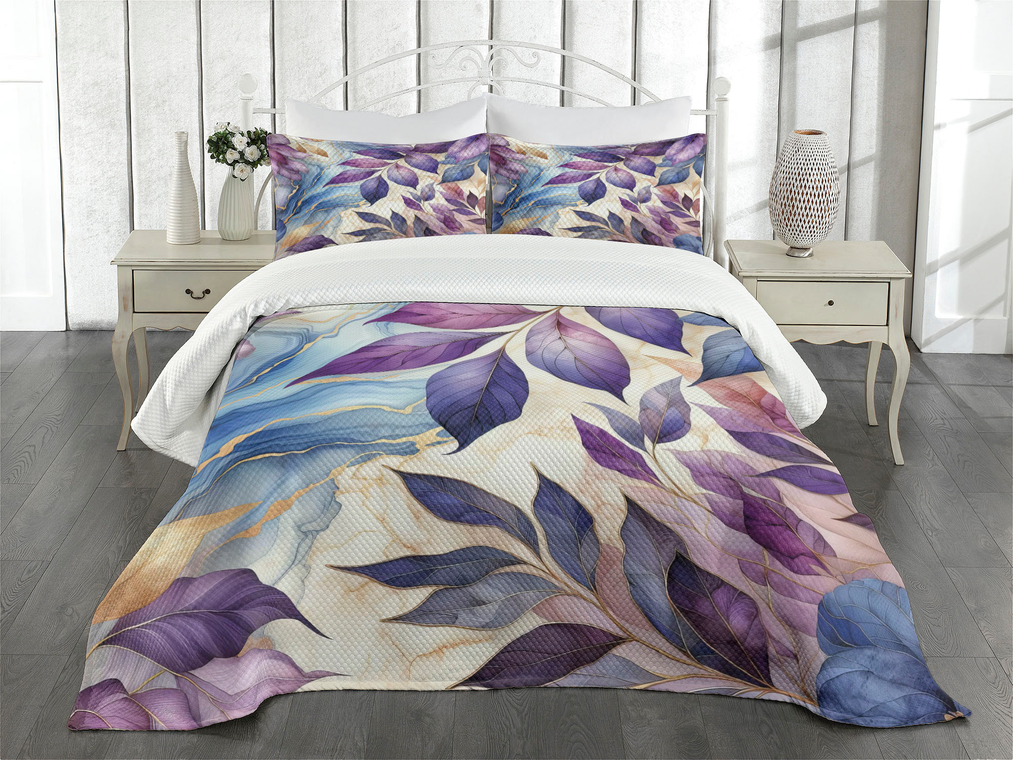 Ambesonne Purple Bedspread Set Falling Down Romantic Leaves Quartz ...