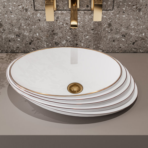 MEJE 21" Rose Gold Embossed Art Basin, Ceramic Slant Oval Bathroom Sink ...