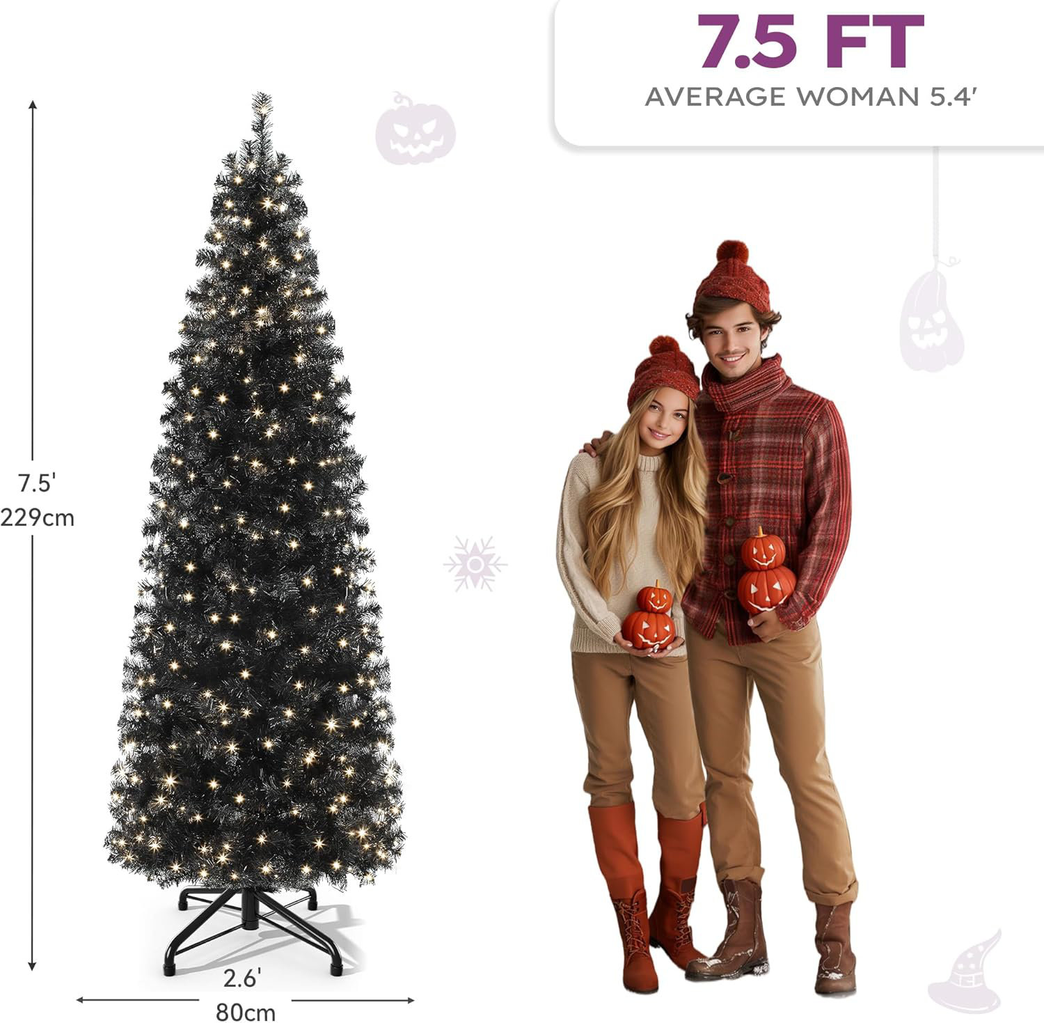 Ivy Bronx Pre-Lit Artificial Pencil Christmas Tree 7.5Ft, Black Hinged ...