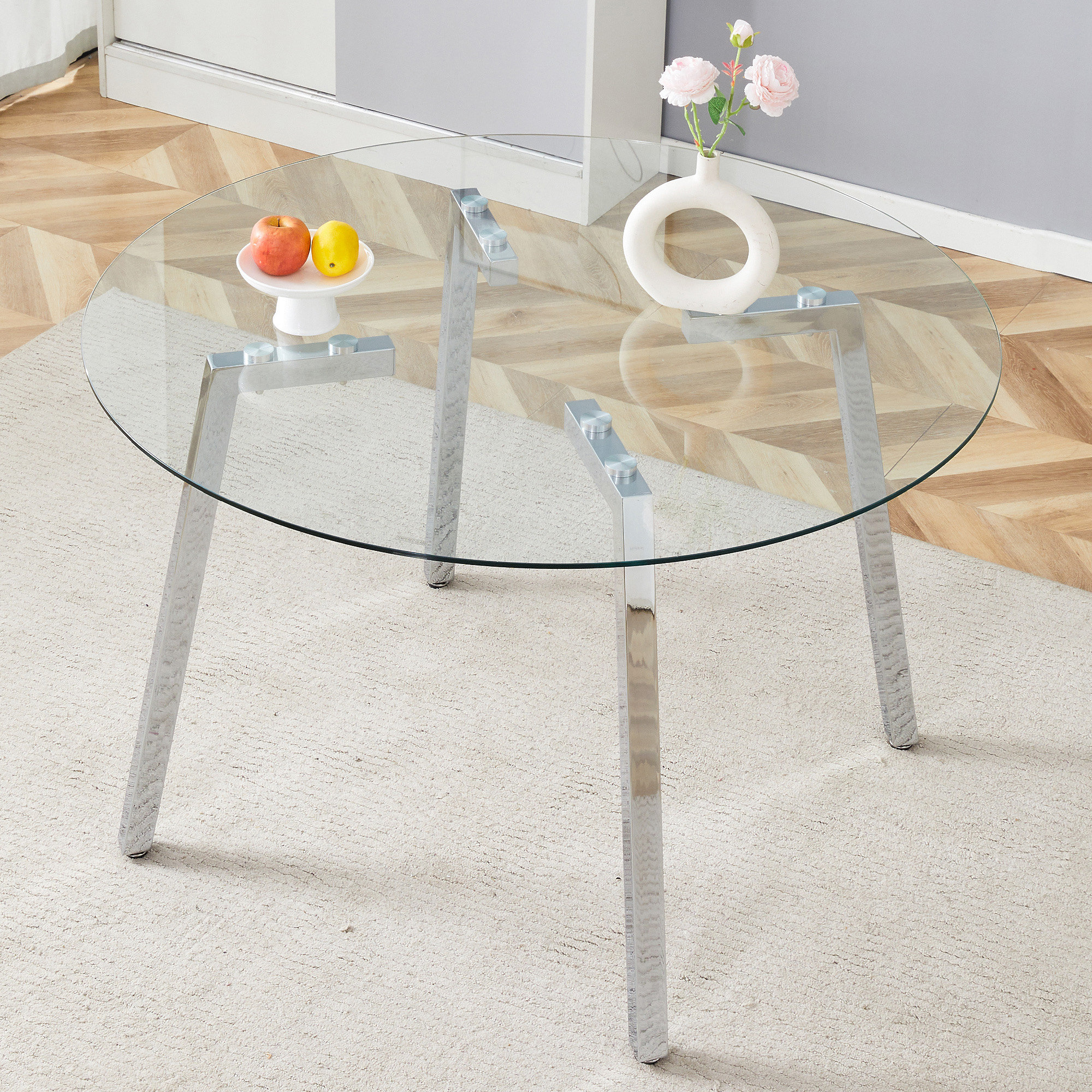 Mercer41 Modern Luxurious Round Tempered Glass Dining Table With Silver ...