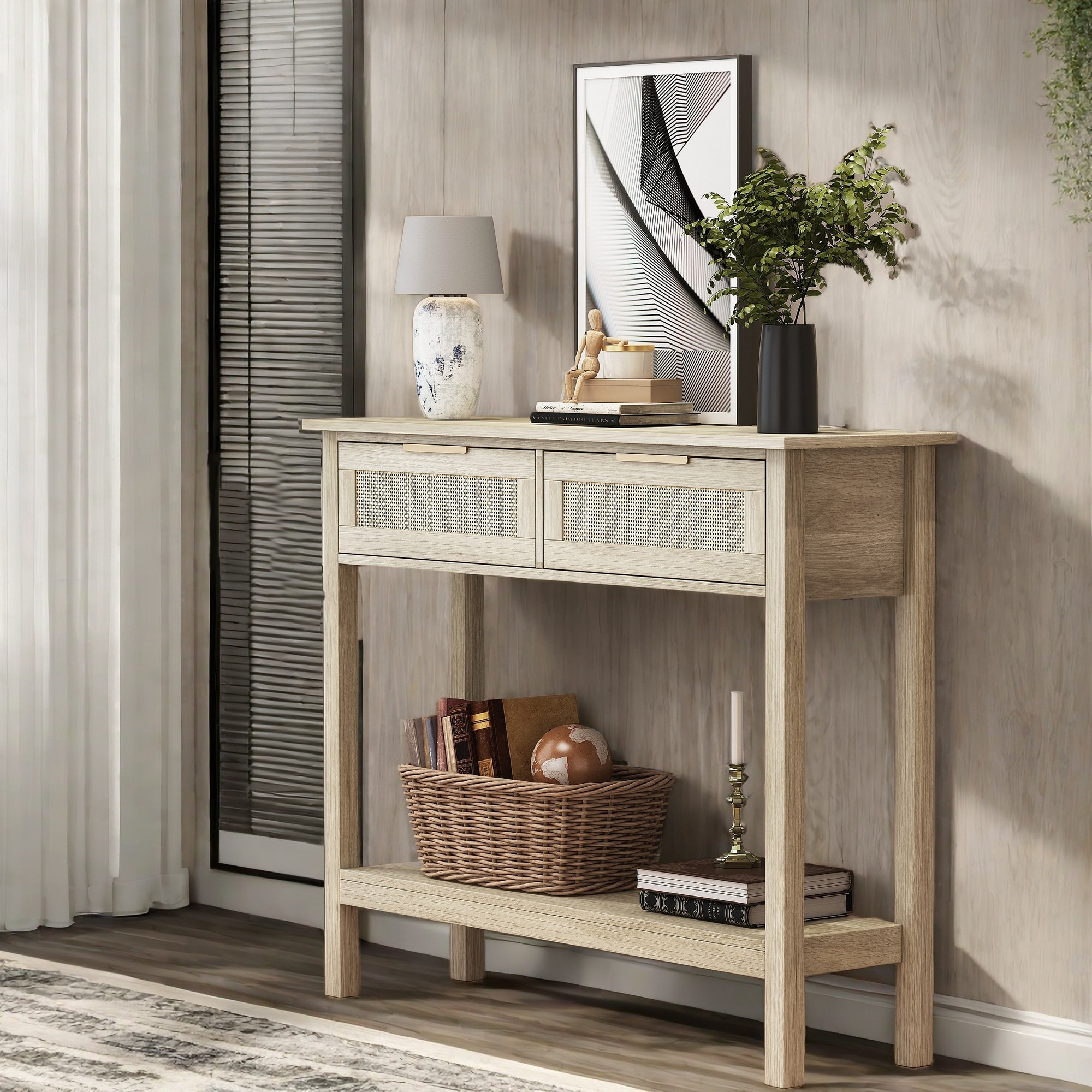 Gracie Oaks Boho Console Table With 2 Drawers & Lower Shelf ...