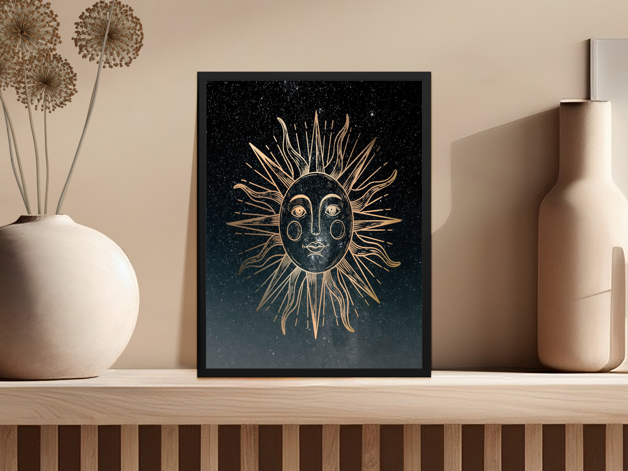 Brayden Studio Golden Sun With Starry Background Celestial Design ...