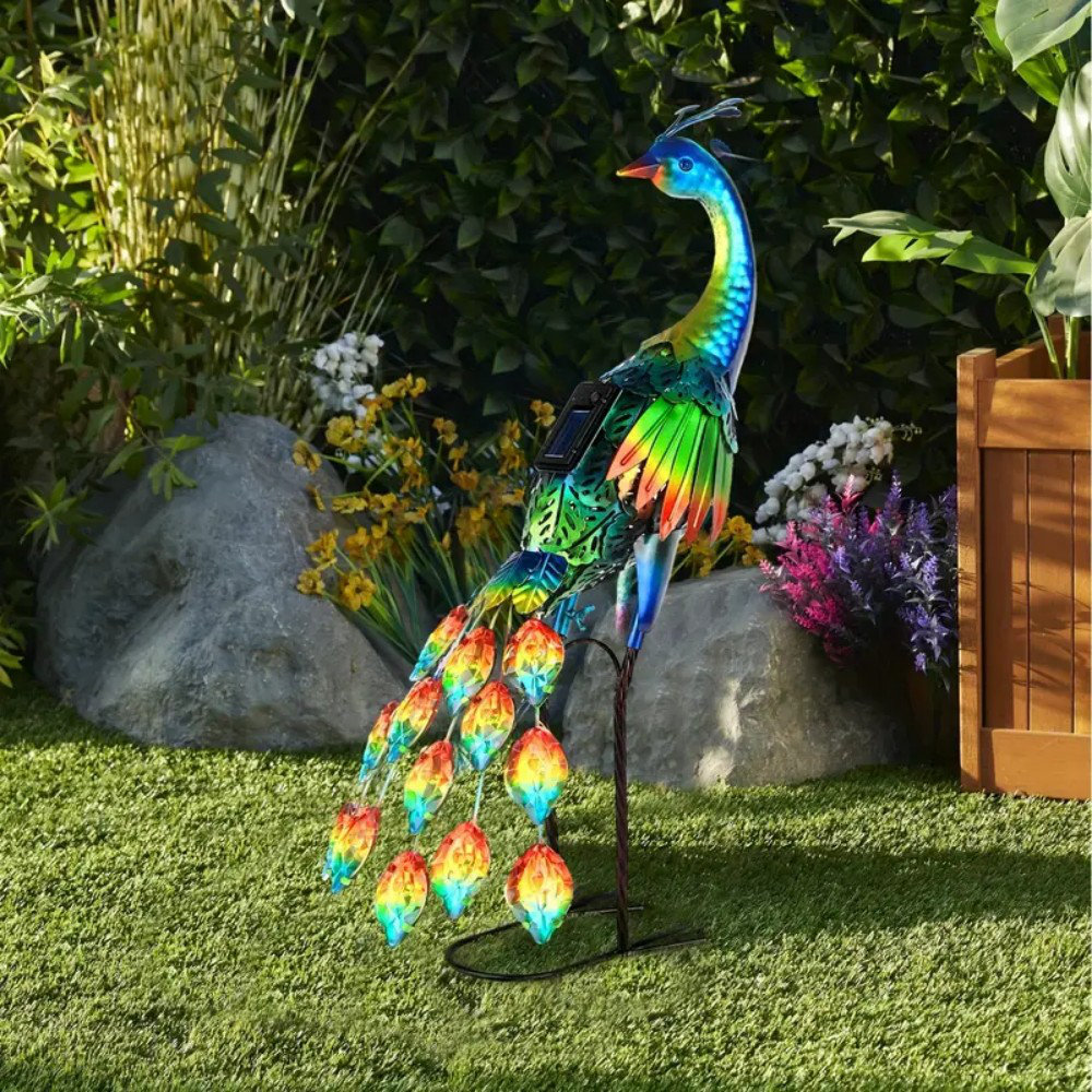 Bungalow Rose Outdoor Solar Peacock Statue Garden Decor, Metal Birds ...