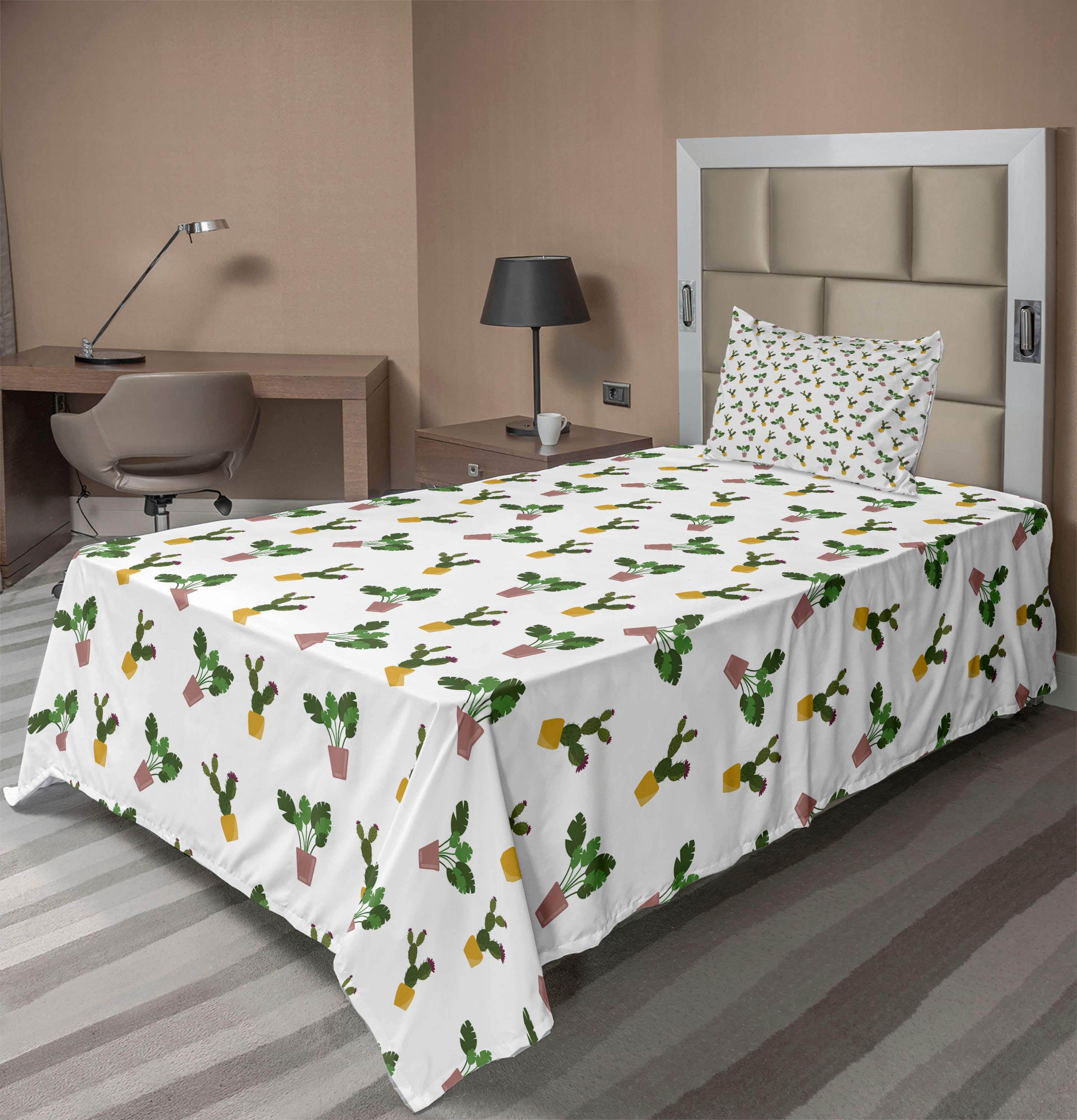 Ambesonne Tropical Sheet Set Cactus and Leaves Drawing Dark Yellow ...