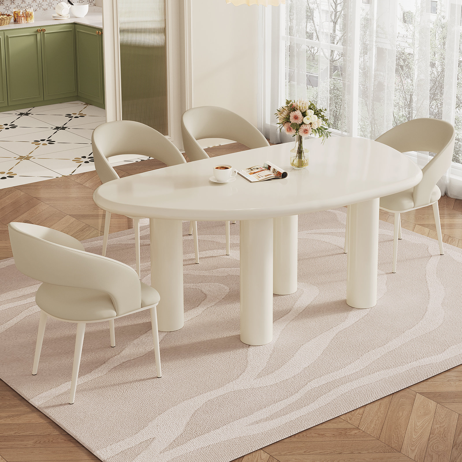 George Oliver Cream White Dining Table Set Modern Wedge-Shaped Kitchen ...