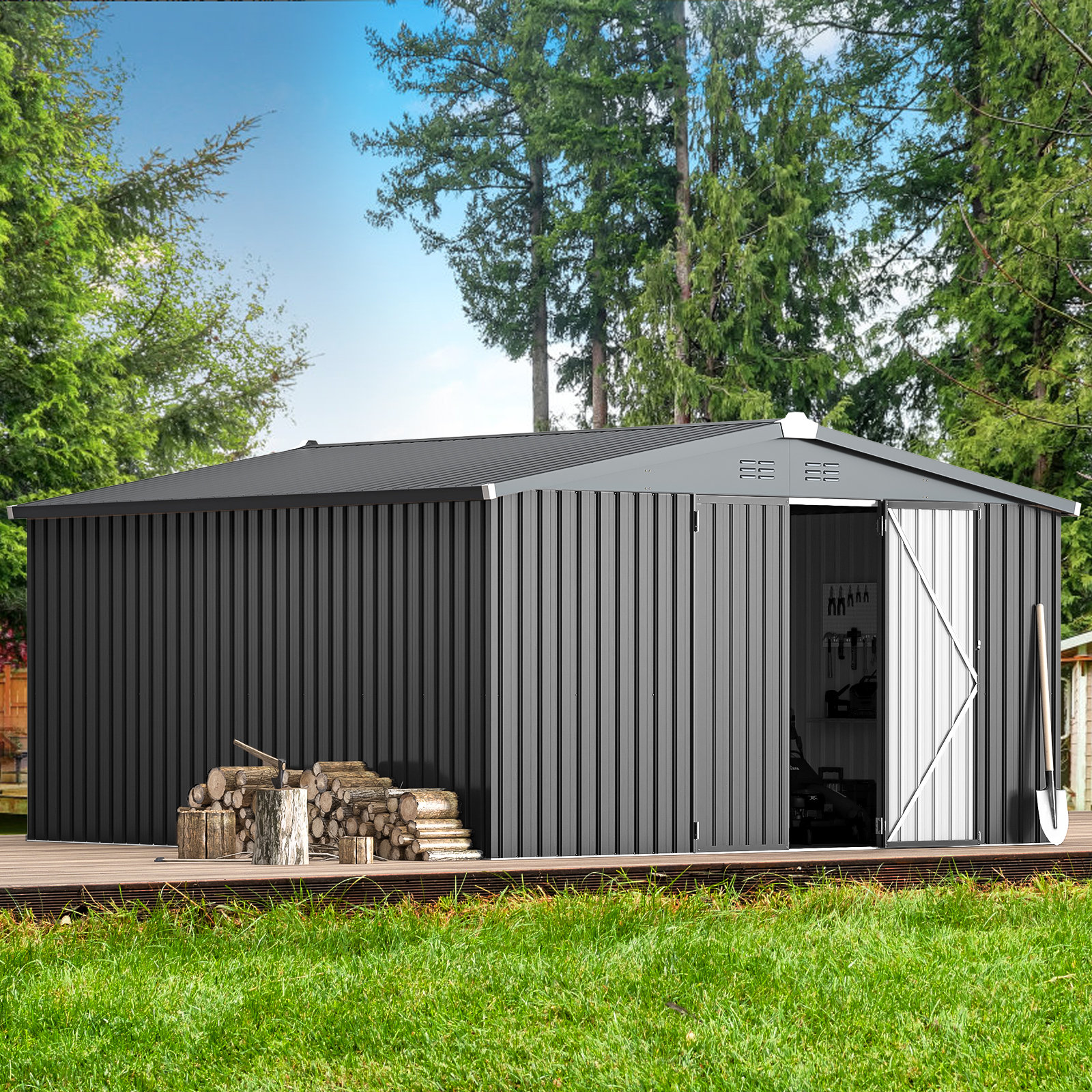 AECOJOY 12' x 12' Metal Storage Shed With Design Of Lockable Doors ...