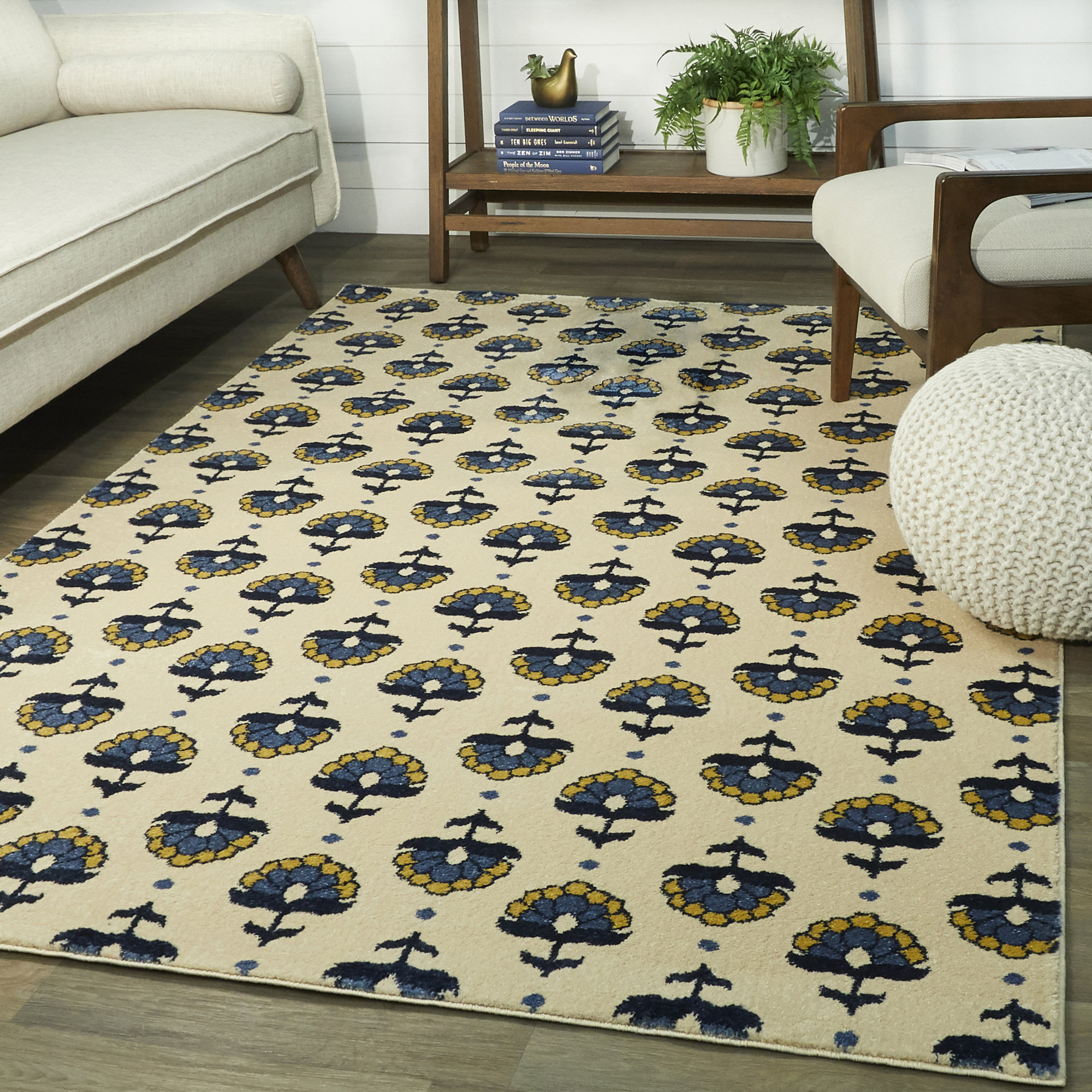 Rosalind Wheeler Tina Floral Cream/Blue Area Rug | Wayfair