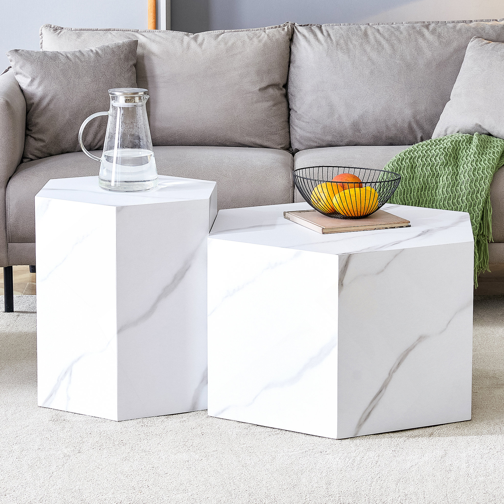 Ivy Bronx Modern minimalist style hexagonal white marble patterned MDF coffee table set (two ...