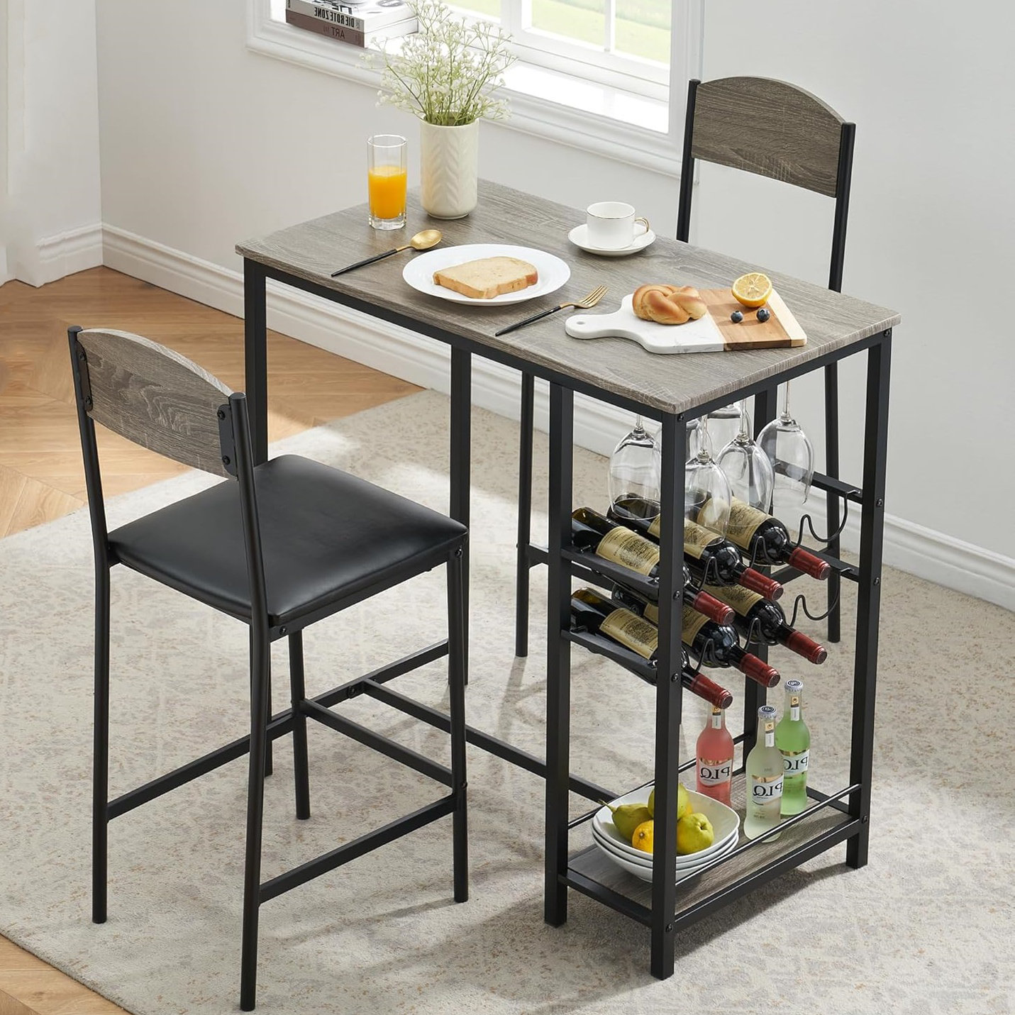 17 Stories Bar Dining Table Set For 2 With Storage Shelf And Wine Rack ...