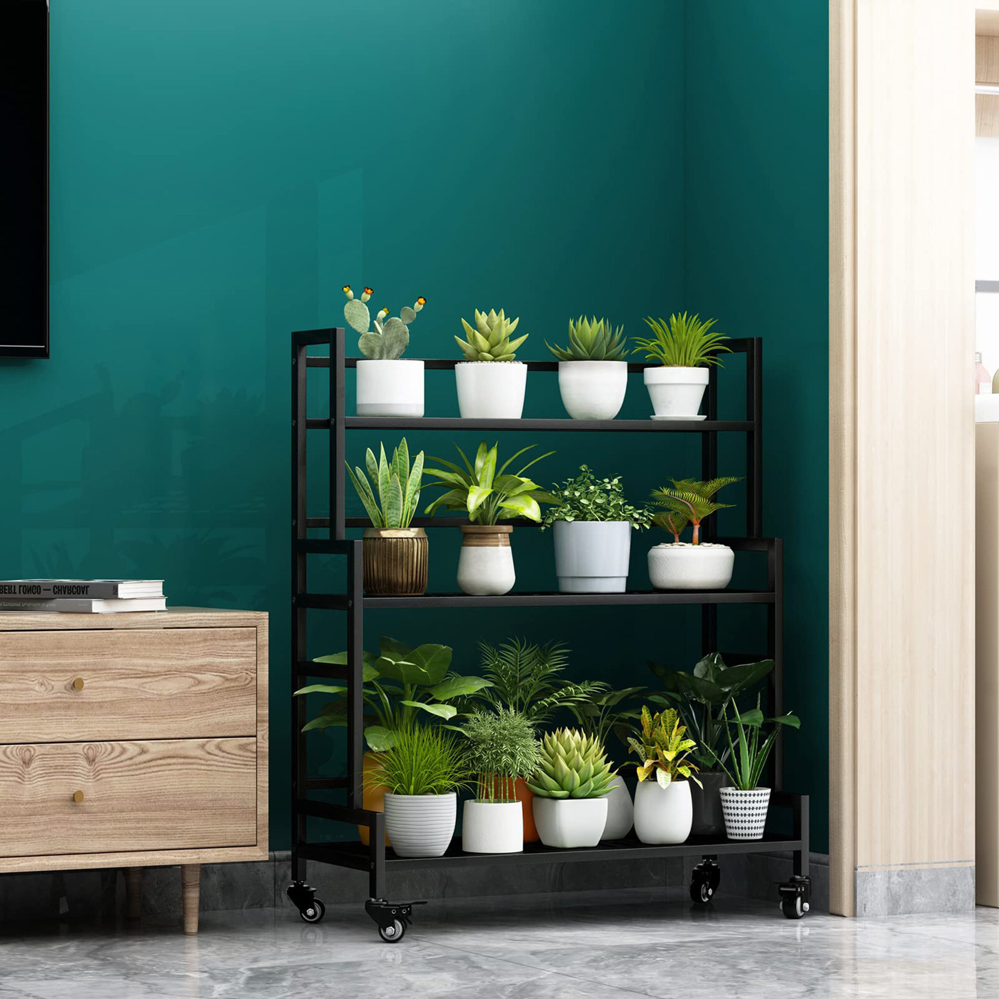 Latitude Run® 3 Tier Metal Outdoor Tiered Stands Shelf With wheel ...