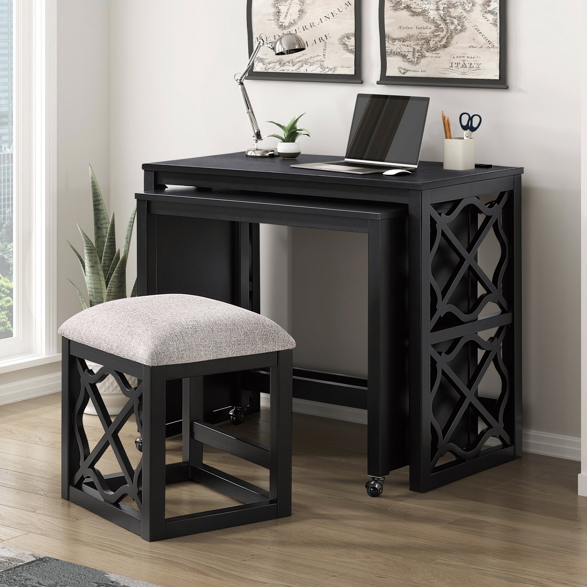 George Oliver Desks And Stool Set 3Pc Finish Rolling Desk With Casters ...