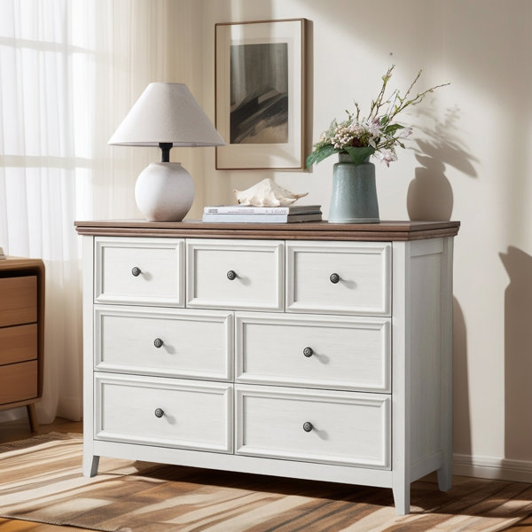 August Grove® 7 Drawer Dresser In Distressed Beige, Vintage American ...