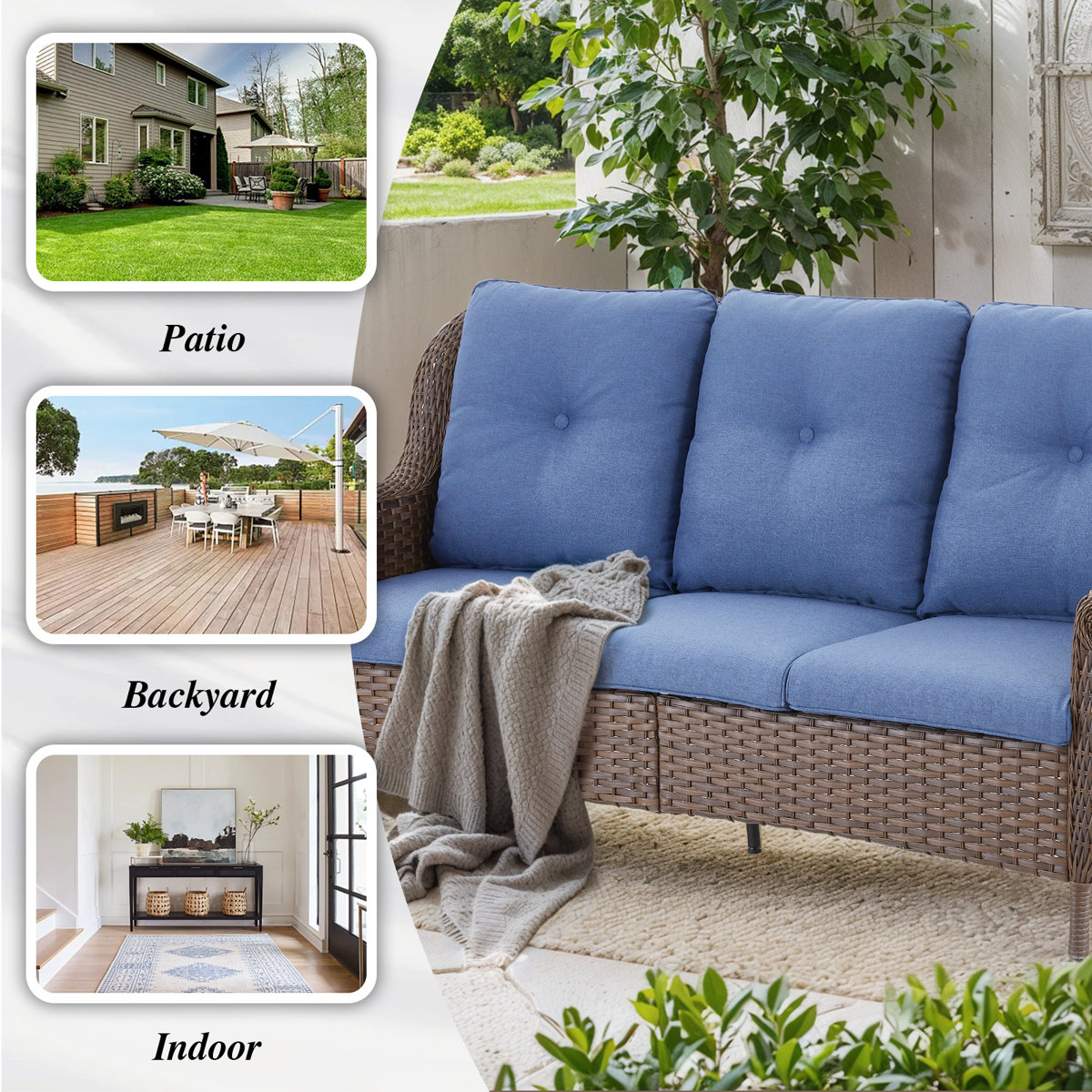 Winston Porter Premium Outdoor 3-Seat Wicker Sofa With Comfortable ...
