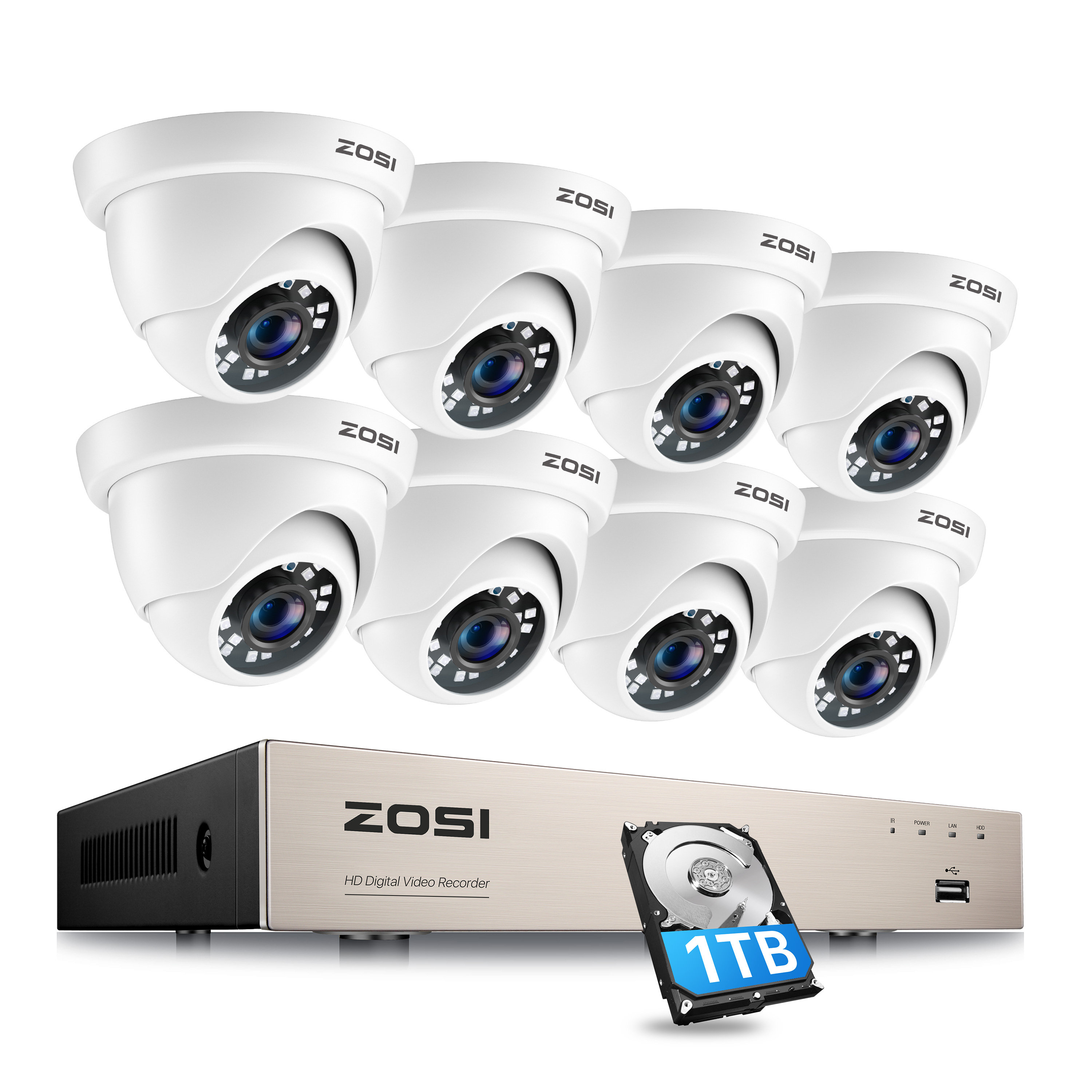 ZOSI 8CH DVR Security Cameras System with 1TB HDD, 8 x 2MP Outdoor Dome ...