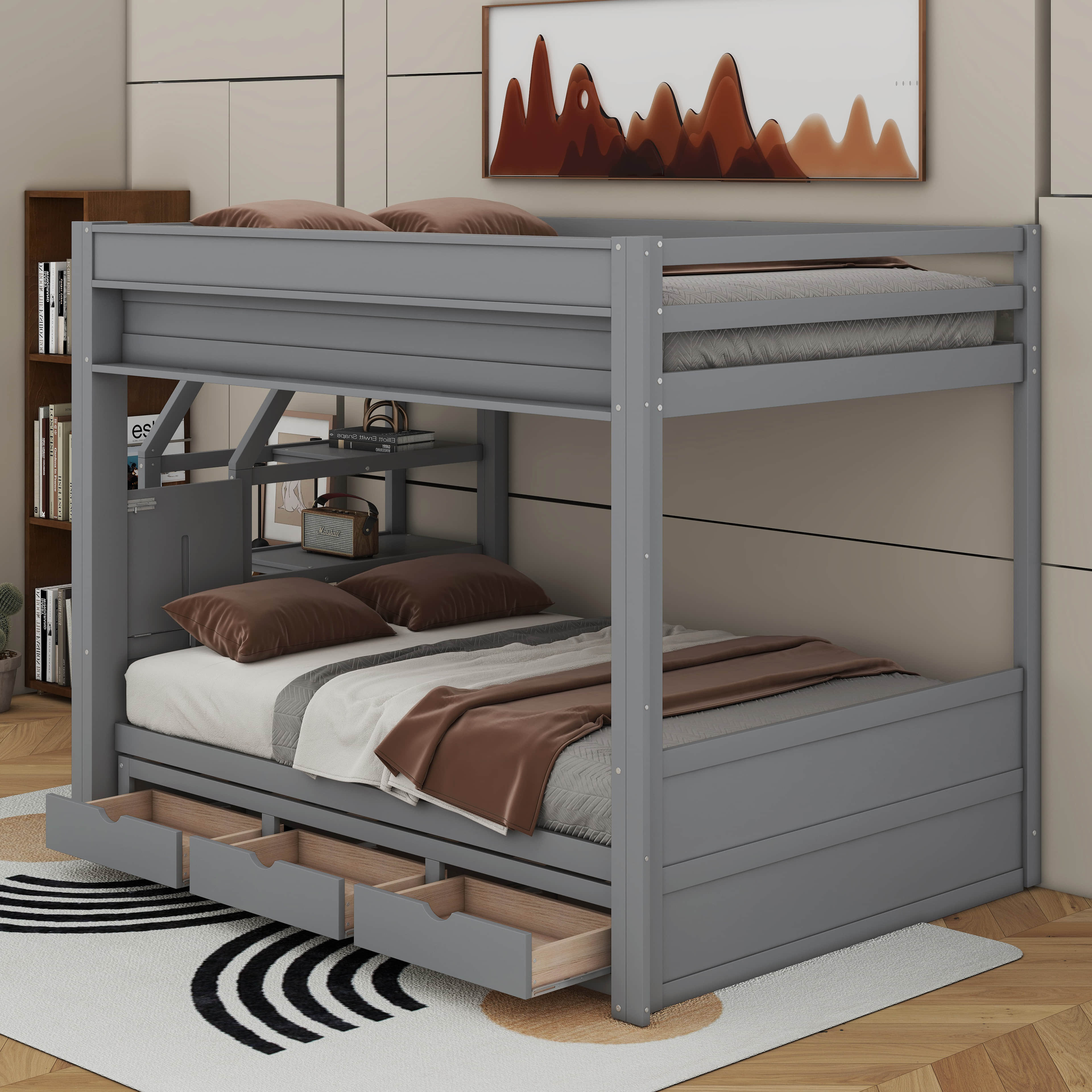 17 Stories Wood Full Size Convertible Bunk Bed With Storage Staircase ...