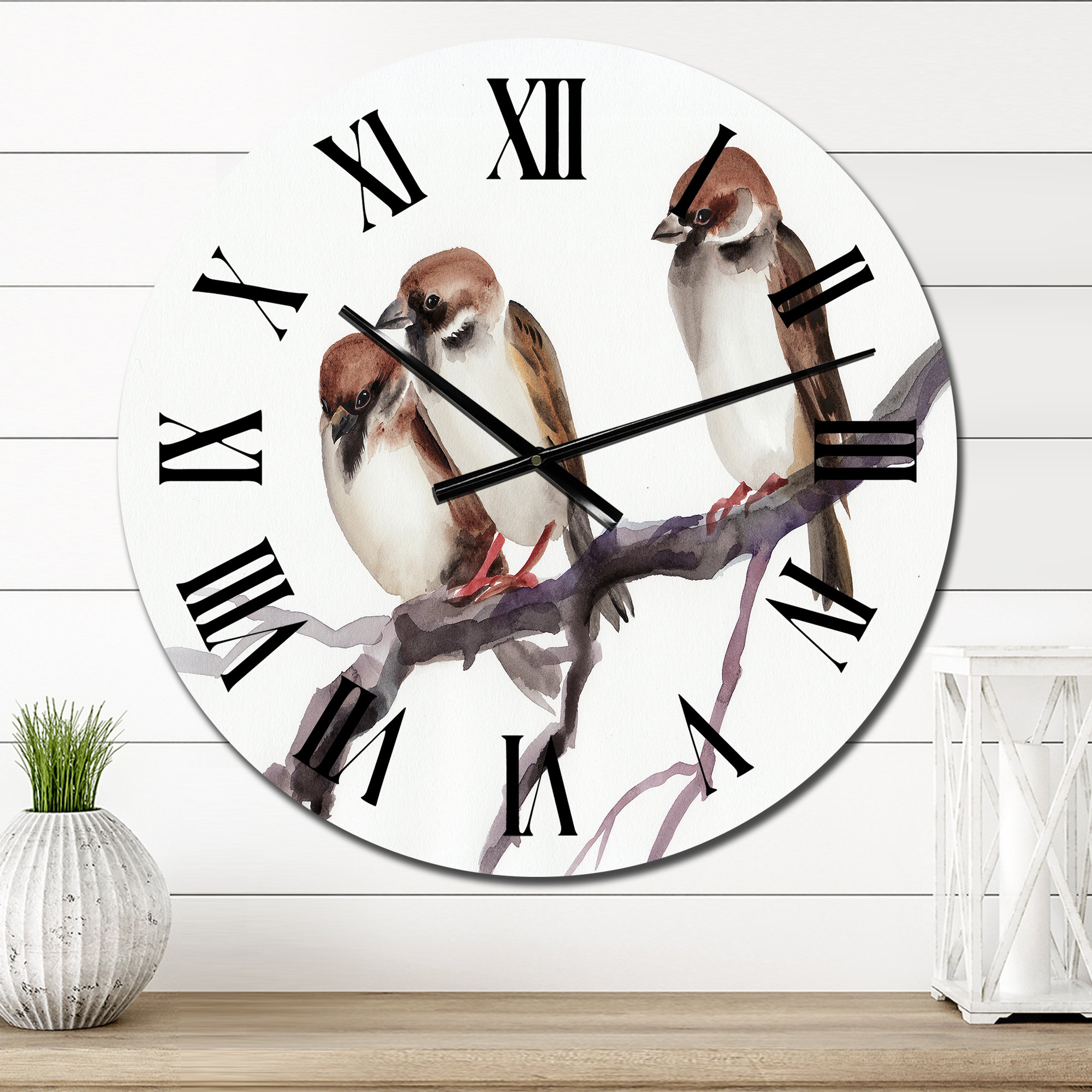 East Urban Home Three Sparrows on A Branch - Traditional Wall Clock ...
